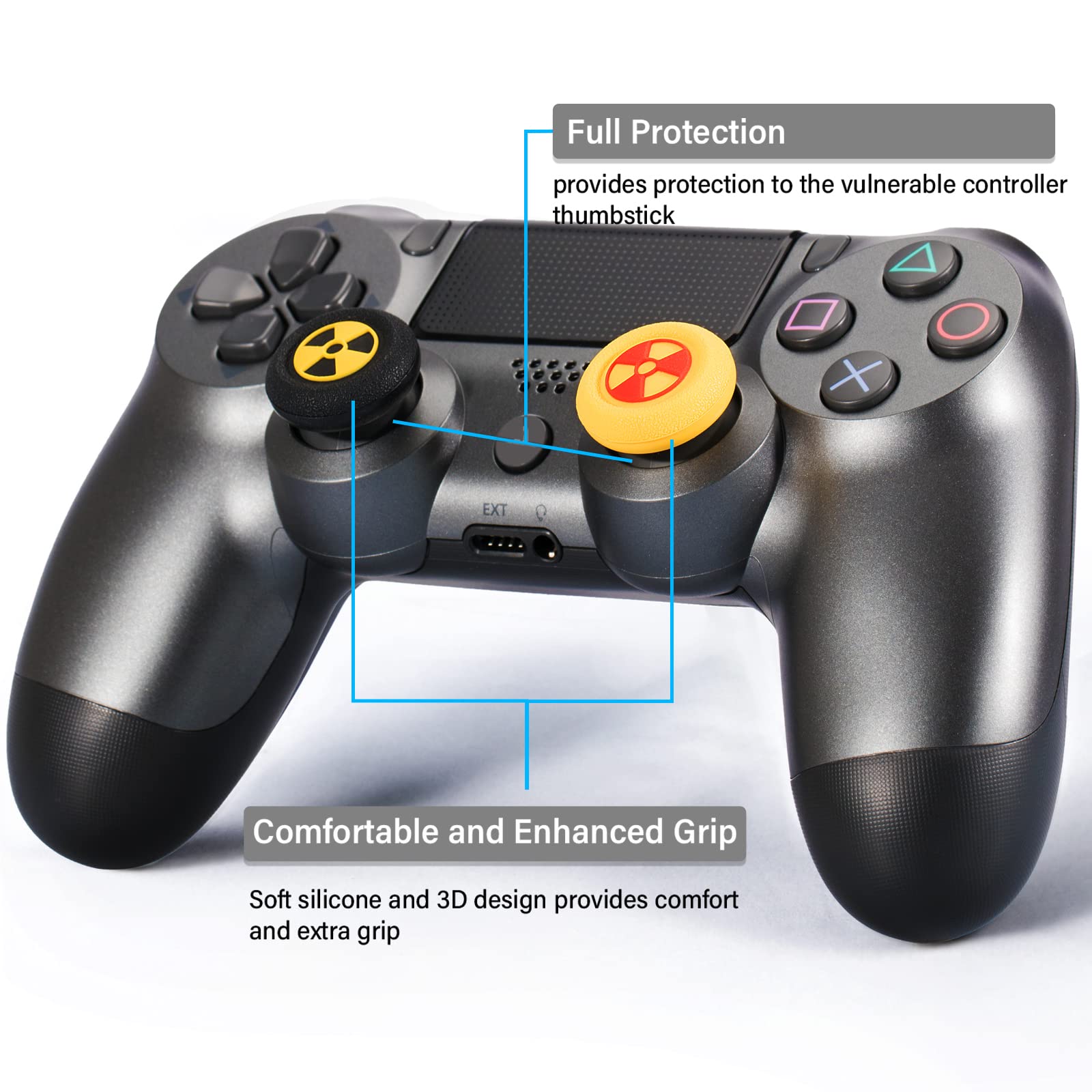 Playrealm Soft Rubber Silicone 3D Texture Thumb Grip Cover x 4 for PS5, PS4, Xbox Series X/S, Xbox One, Switch PRO Controller(Radiation Black Yellow Pack)