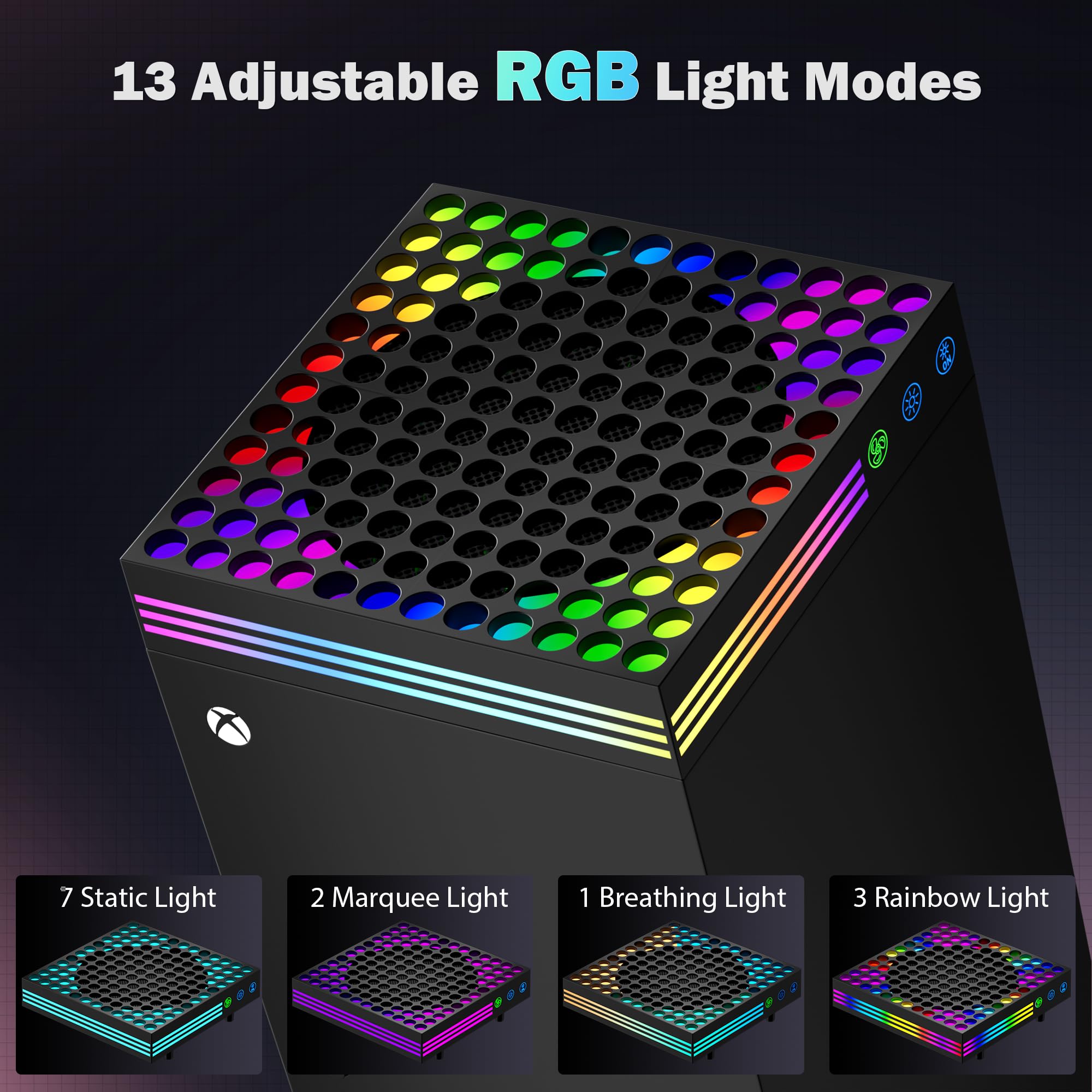 Wall Mount with RGB Cooling Fan for Xbox Series X - includes 4 Controller Holders and 2 Headphone Stands