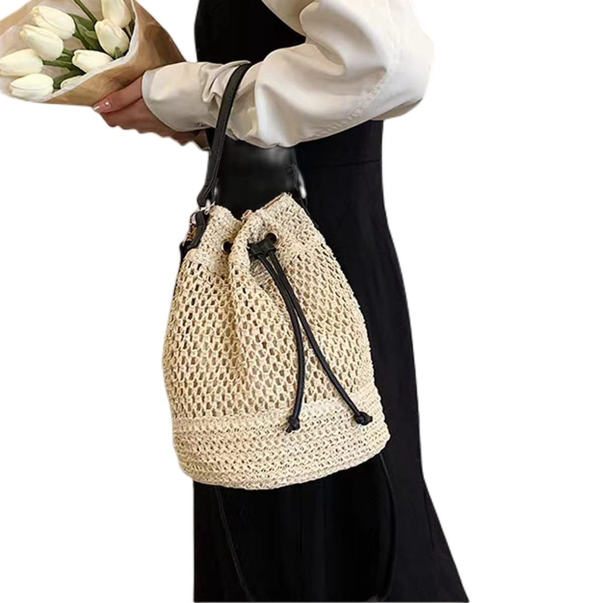 WIGUYUN Women Straw Drawstring Bucket Purse Small Tote Shoulder Handbag Hollow Out Cross-body Bag for Summer,Beach Beige