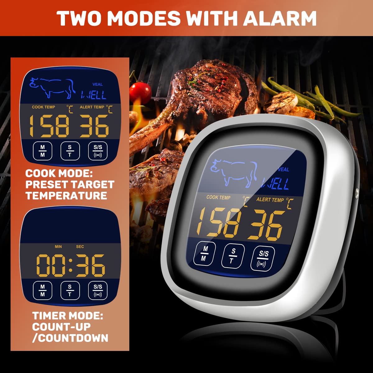 Vedozo Digital Meat Thermometer for Cooking, Instant Read LCD Touchscreen Food Thermometer with Long Probe, Cooking Thermometer and Clock Timer for Kitchen, BBQ, Oven by Giveme5
