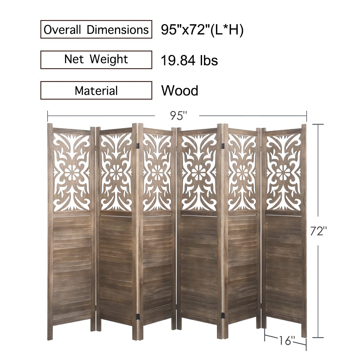 Rose Home Fashion RHF 5.6 ft. Tal Room Divider,Double Hinged, Folding Panel Screen, Floral Cut-Out Room Dividers and Folding Privacy Screens, Freestanding (6 Panel,Brown)