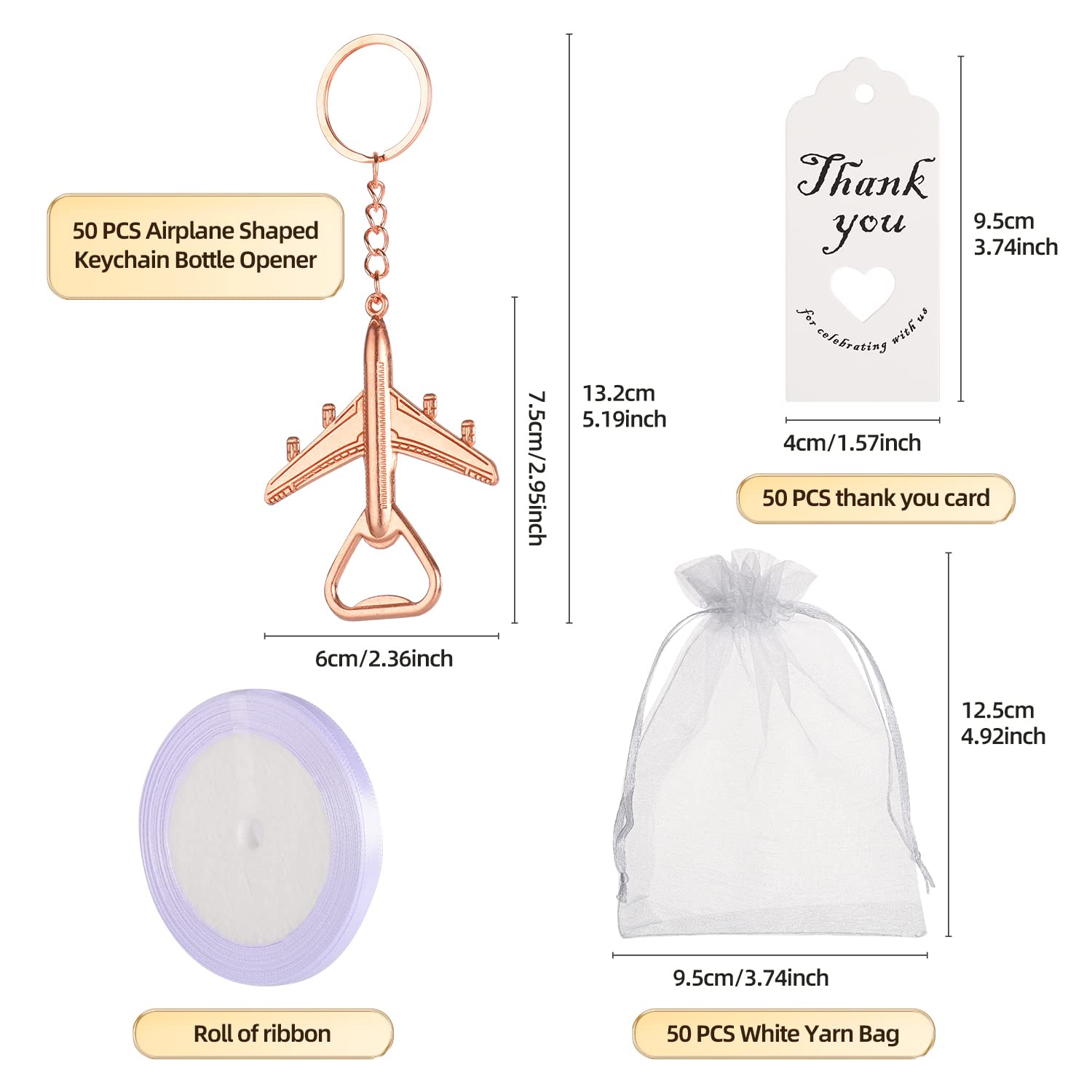 Winocbxt 50PCS AirplaneRose Gold Bottle Opener Keychains for Wedding or Bridla Shower Favors, Gifts, Souvenirs to Guests Bluk
