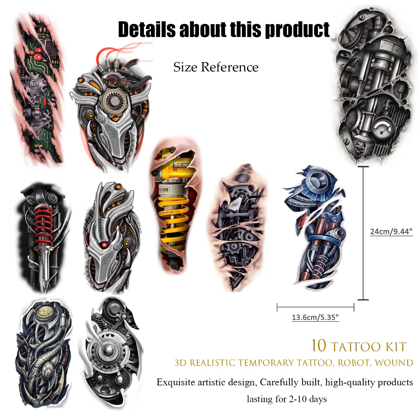 ROARHOWL Very cool machine 3D realistic fake tattoos,wound robot makeup Temporary Tattoos for men women (Design 5)