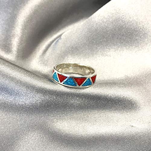 Southwestern Style Turquoise and Coral Gemstone 6mm Wedding Band 925 Sterling Silver Unisex Ring for Women Size 5.5
