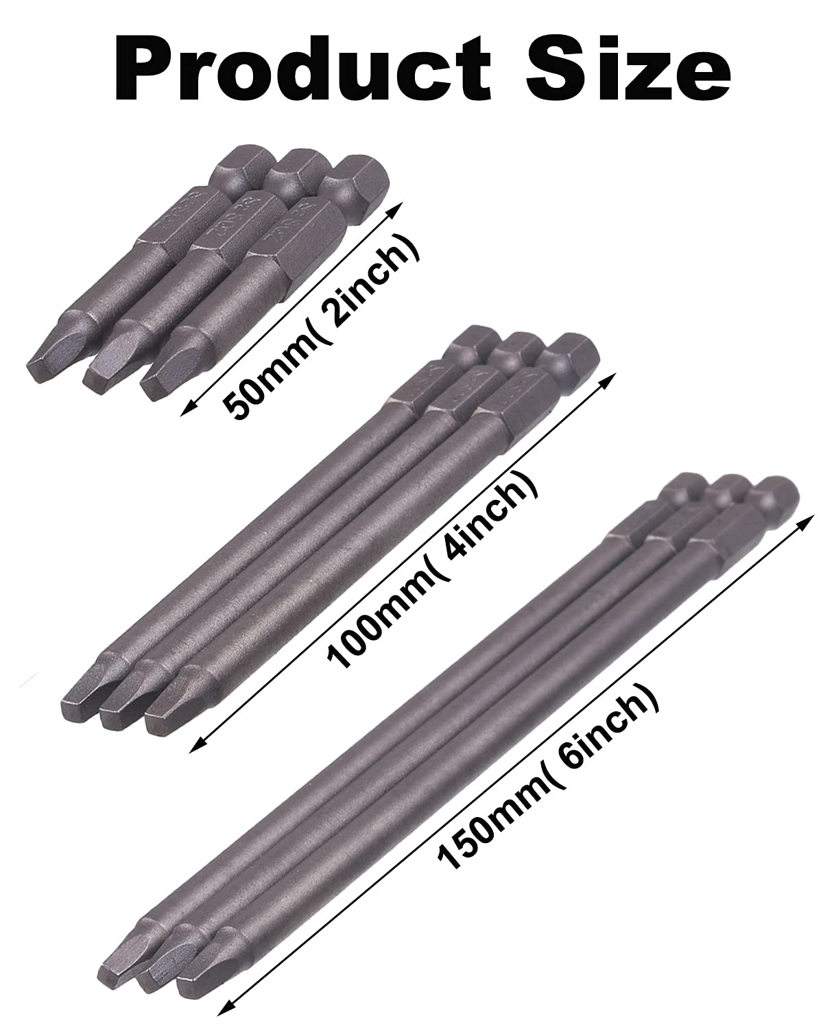 Rocaris 9 Pack 1/4 Inch Hex Shank Long Magnetic Square Head Screwdriver Bits Set Power Tools SQ2 For Poket Hole Jig- 2 inch, 4 inch, 6 inch