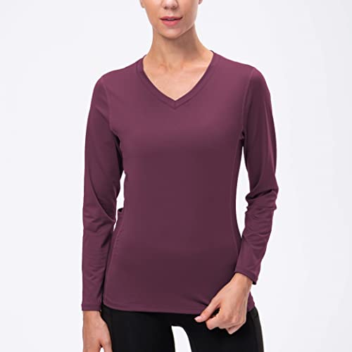 Women's 3 Pack Dry Fit Athletic tightfitting V-neck Long Sleeve,Black,Wine Red,Dark Green,Large