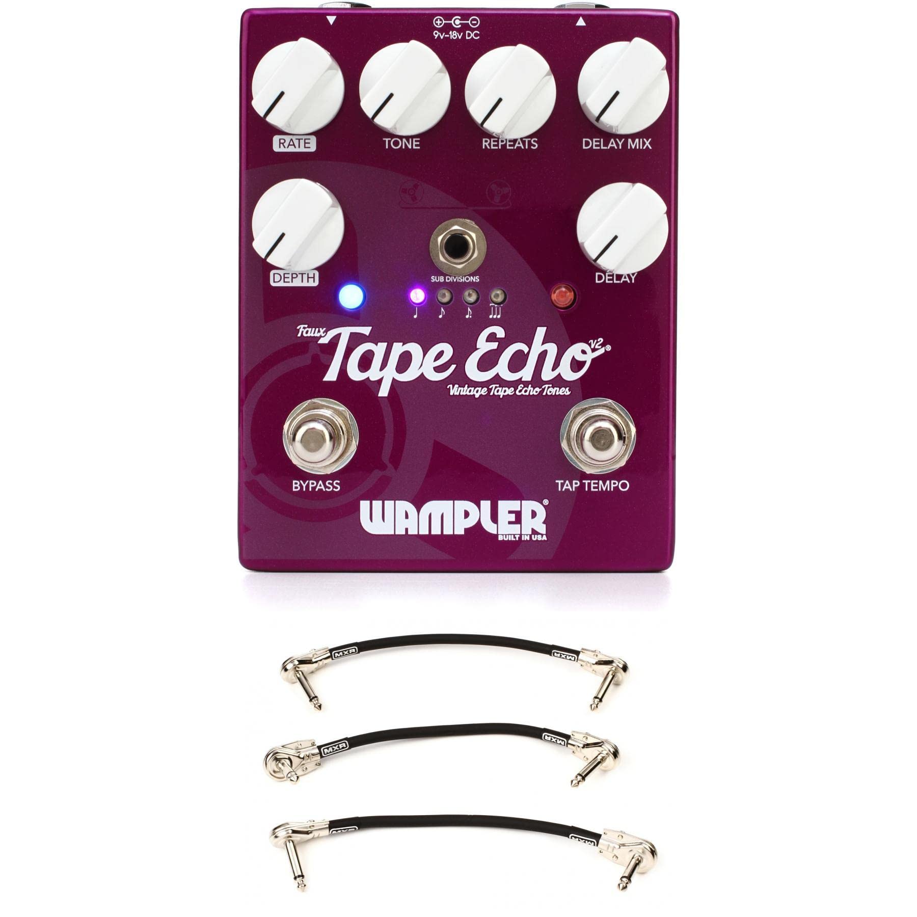 Wampler Faux Tape Echo V2 Delay Pedal with 3 Patch Cables Bundle