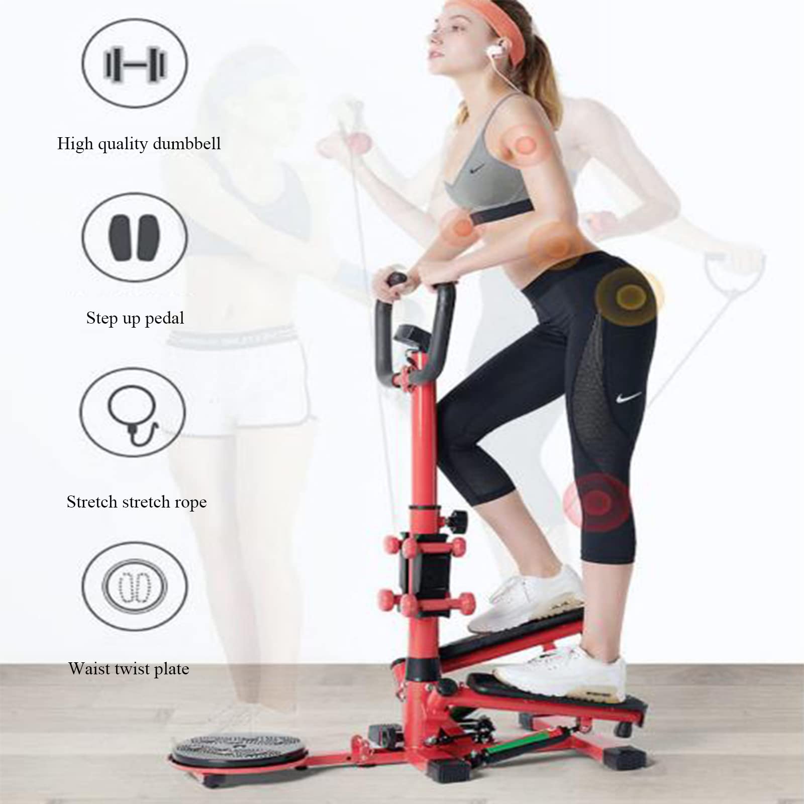 USBBAG Twist Stepper Machine with Resistance Bands, Adjustable Workout Fitness Equipment with Handle Bar and LCD Display for Home Gym Exercise (B,Red)