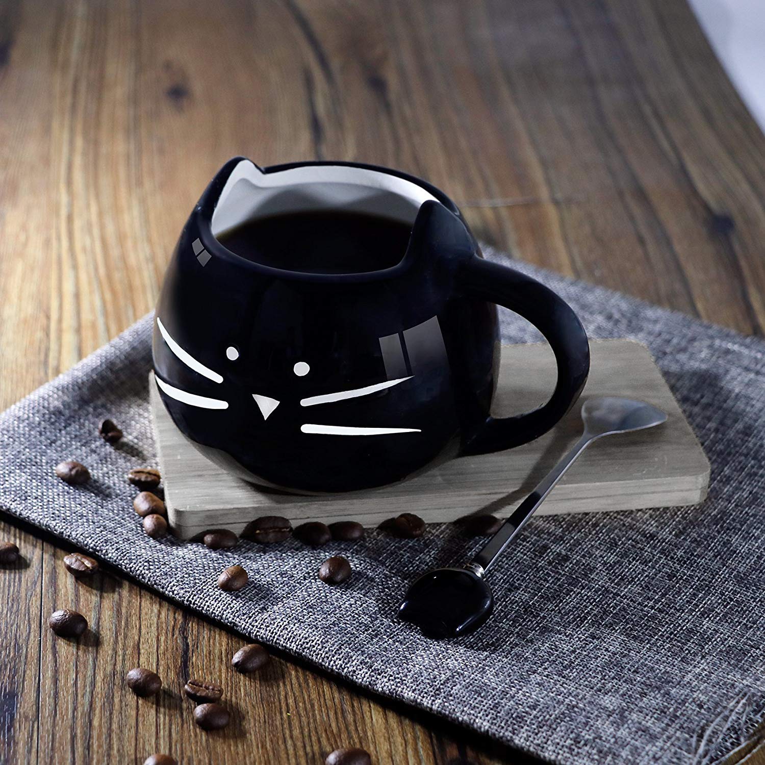 Teagas Cat Coffee Mugs for Crazy Cat Lady - Black & White Ceramic Cat Coffee Mugs and Cute Cat Spoons Set for Coffee Tea 12oz
