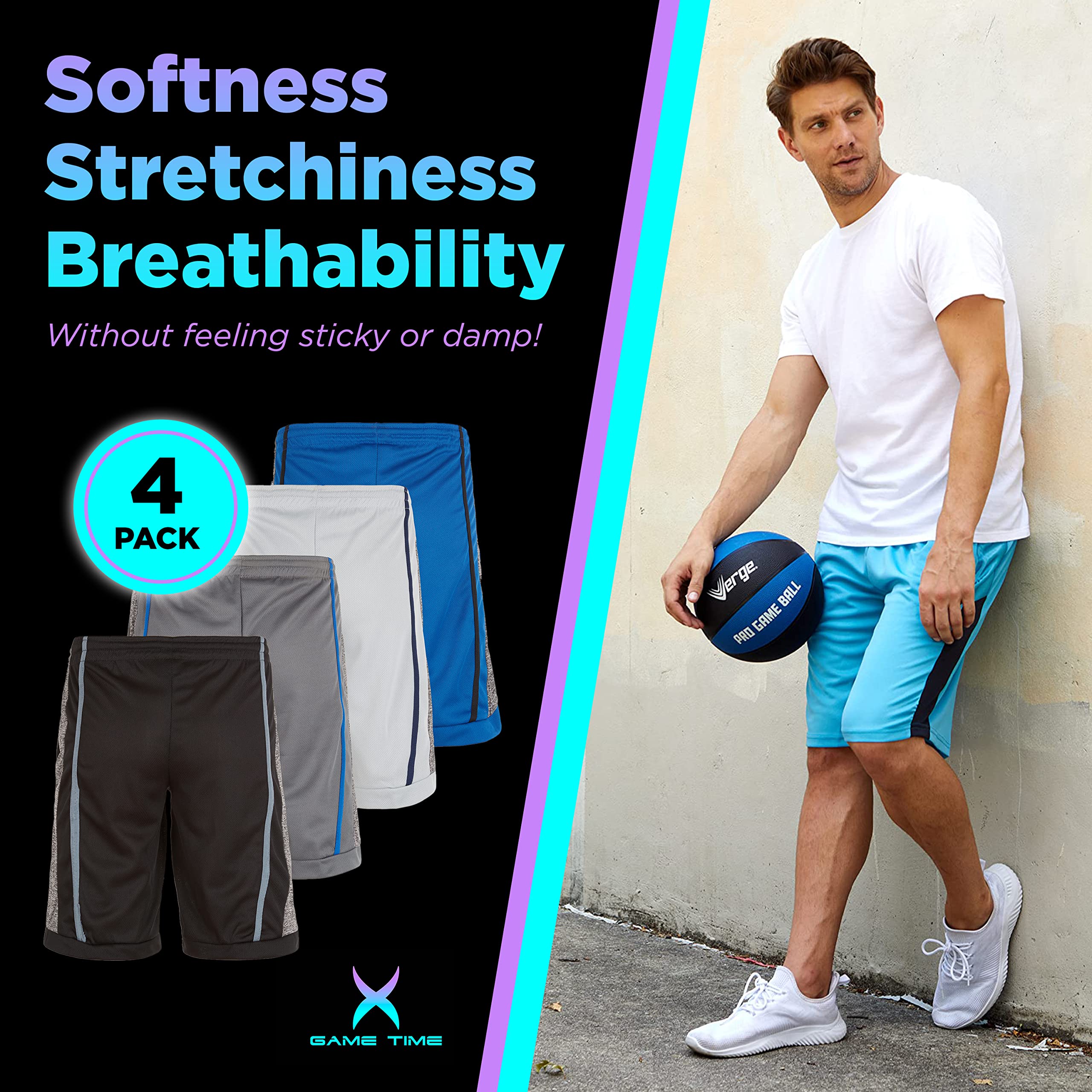 X Game Time- 4 Pack Basketball Short Men, Active Mesh Quick Dry Workout Men Shorts with Pockets and Elastic Waistband