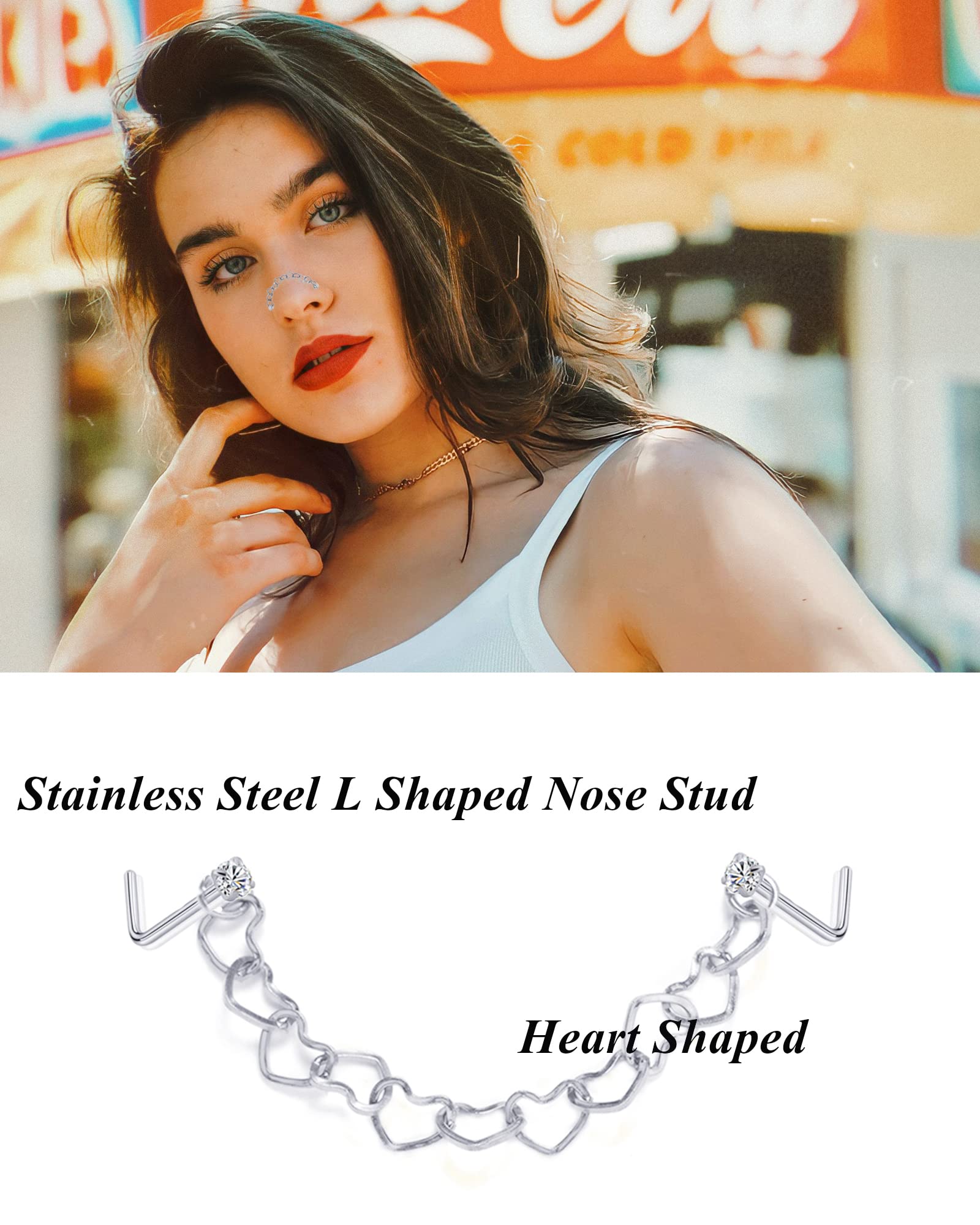 Tornito Nose Chain Piercing Across Double Nose Stud Chain CZ Heart Ball L Shaped Nose Chain 4.2CM Nostril Piercing Jewelry for Women Men 20G Silver Tone