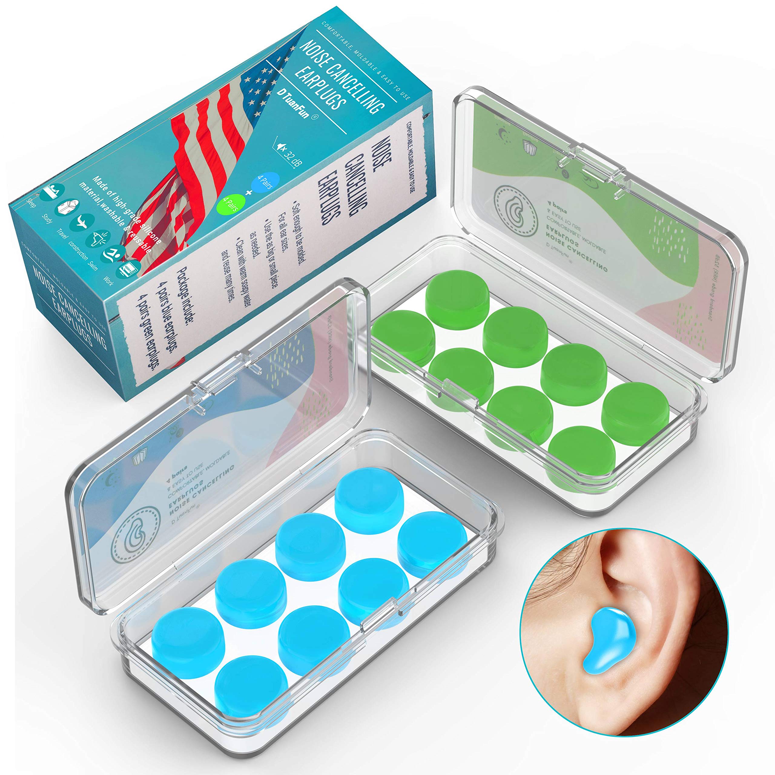 Silicone Ear Plugs for Sleeping Swimming,Reusable Moldable Noise Cancelling Earplugs for Shooting Range, Swimmers, Snoring, Airplanes, Travel, Work, Studying, (16-Pillows)
