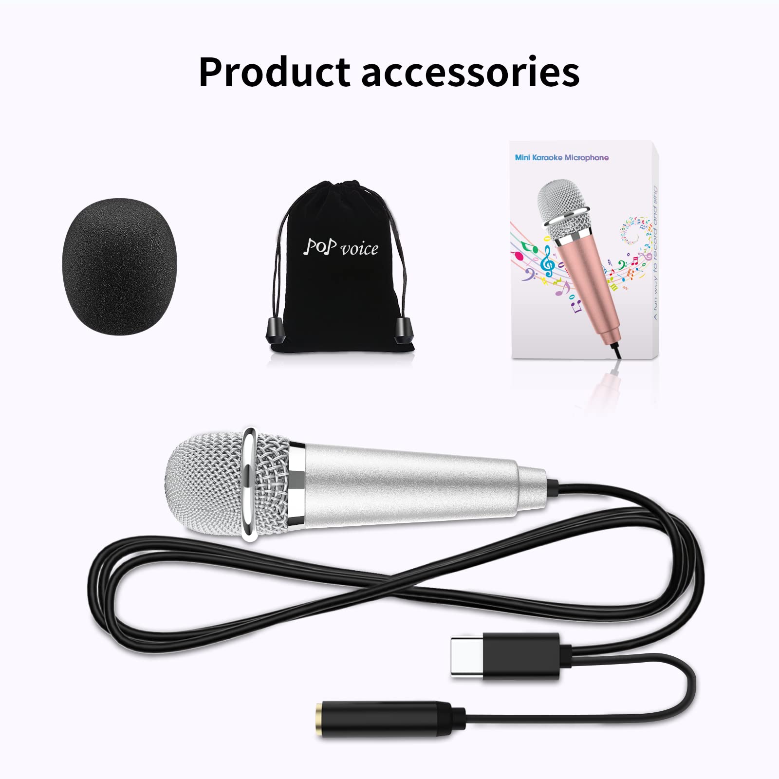 USB C Mini Karaoke Microphone for Android Phone, Laptop Small ASMR Microphone for Voice Video Recording Singing, Vlogging, Podcasting YouTube(Silver*1)