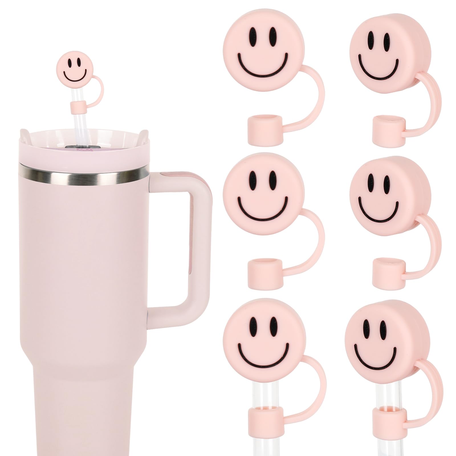 Whaline 6Pcs Smile Face Straw Covers Light Pink Double Sided Pattern Straw Tip Covers 0.4 Inch Silicone Reusable Round Straw Topper for 30 & 40 OZ Tumbler with Handle