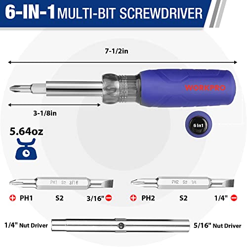 WORKPRO 6-in-1 Basic & 4-in-1 Electronics Screwdriver/Nut Driver Set Tool Cushion Grip, 2PCS Portable Screw-driver, 8 Basic & PrecisionĀ Bits (Philips/Slotted), 2 Nut Driver Sizes