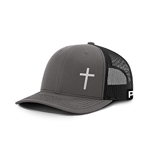 Printed Kicks Cross Lower Left Back Mesh Hat Religious Christian Cap (Charcoal Front/Black Mesh)