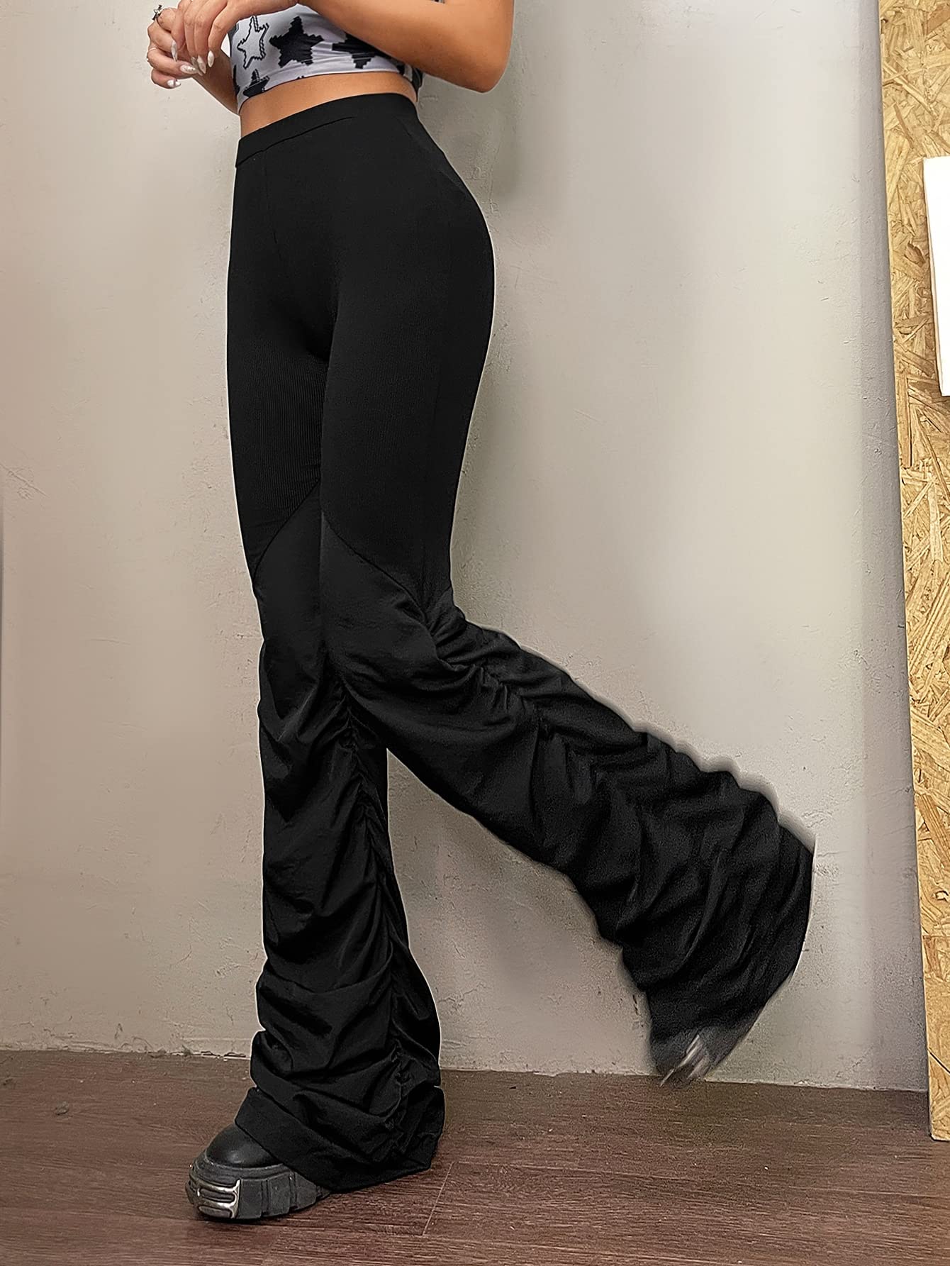 WDIRARA Women's Elastic High Waisted Ruched Flare Leg Bell Bottom Bootcut Yoga Pants Black S