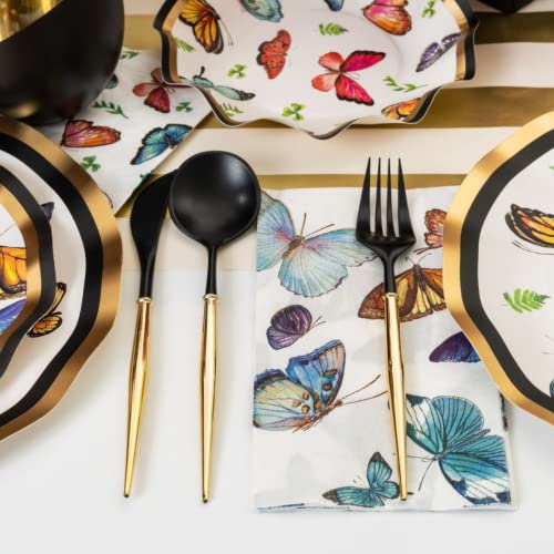 Sophistiplate Bella Flatware Cutlery Set for 12 | Fork, Spoons & Knives Silverware Utensil Set | Reusable Dinnerware Sets Plastic & Top Rack Dishwasher Safe | Black with Gold Handles