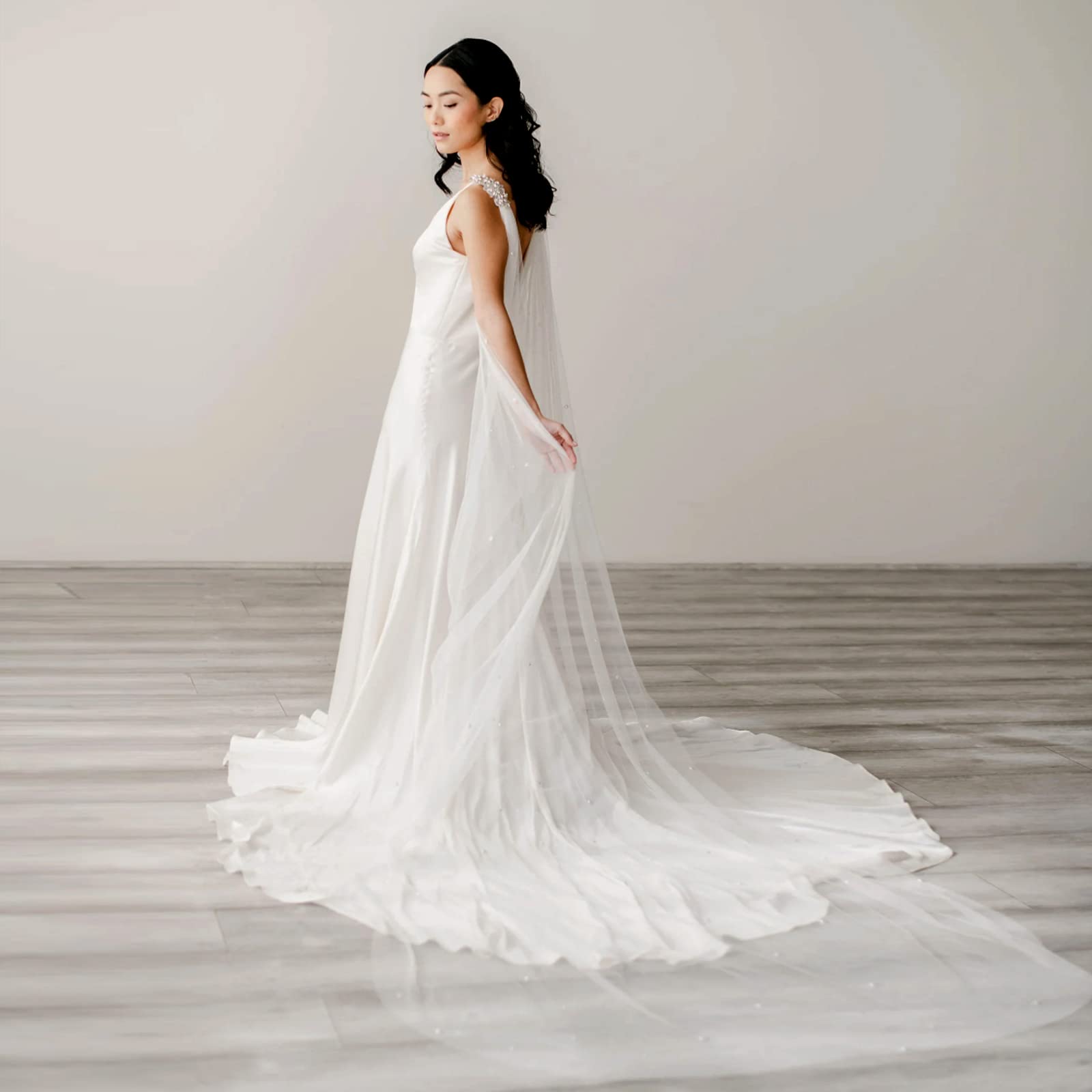 Women's Long Bridal Wedding Shoulder Capes Wedding Veil Cloak Pearl Veil (Ivory)