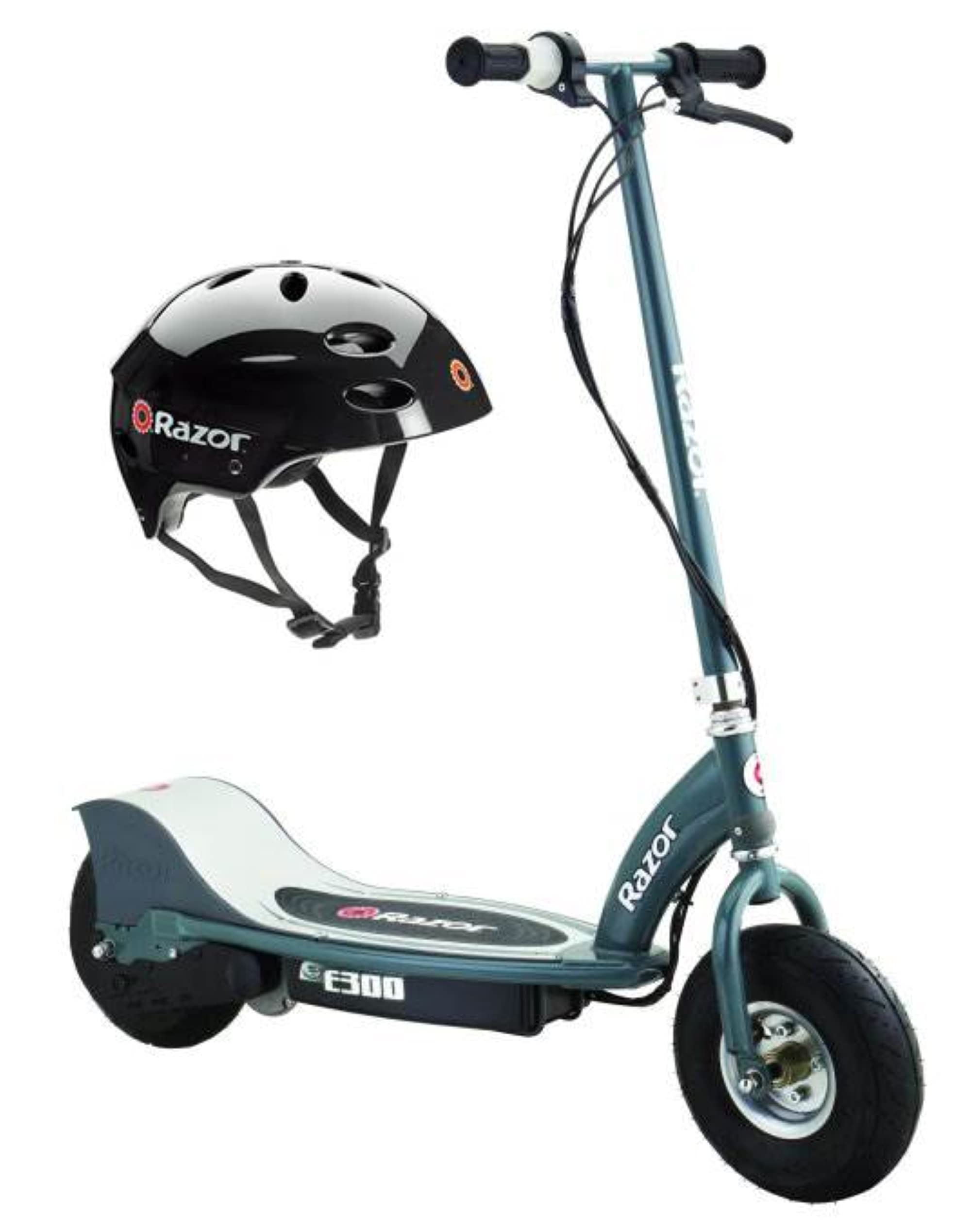 Razor E300 Electric 24 Volt Motorized Rechargeable Scooter with Acceleration Control and Front Brake, Gray with Sport Safety Helmet, Black
