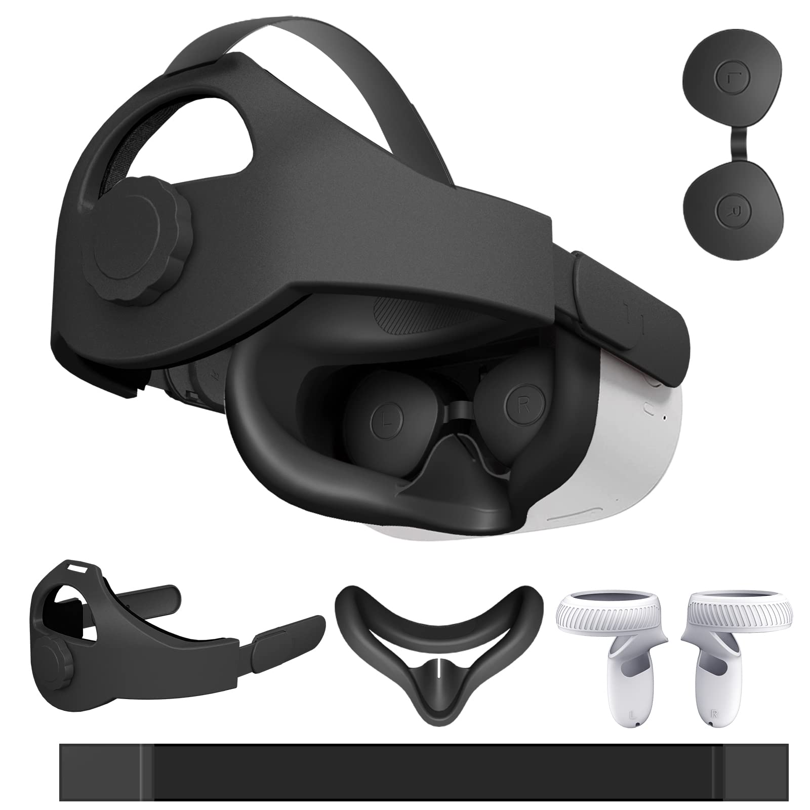SUIHUOJI for VR Oculus Quest 2 Accessories 5 in 1 Replacement Head Strap Elite Kits Protective Lens Cover Sweatproof/Silicone Face Pad Cover/Controller Grips Cover for Quest 2 Headset (Black)