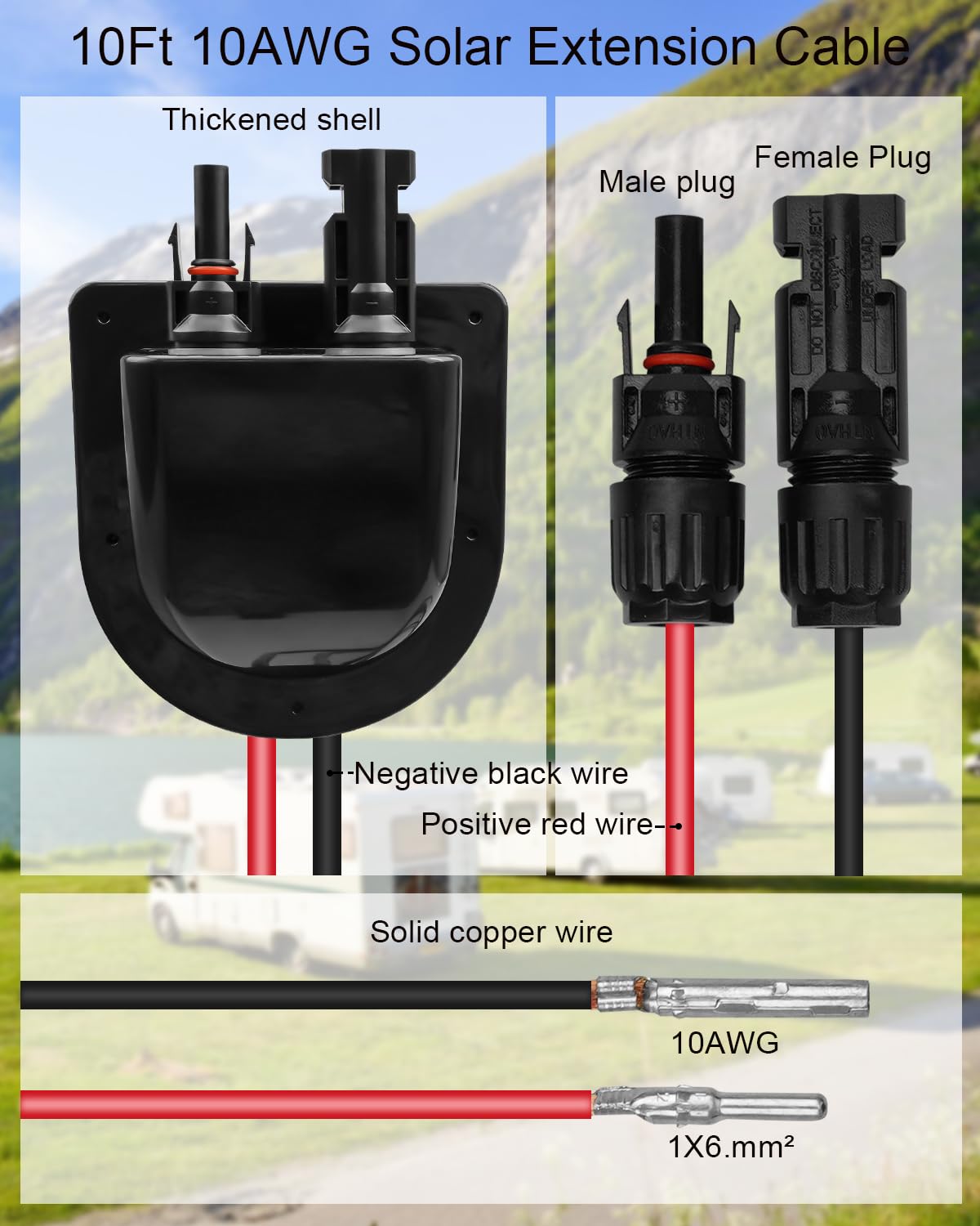 QNHEAY Waterproof Solar Connector Entry Gland Cable Junction Box Through RV Roof Solar Entry Housing with 10Ft 10AWG Solar Extension Cable, Connector on RV Boat Van Camper