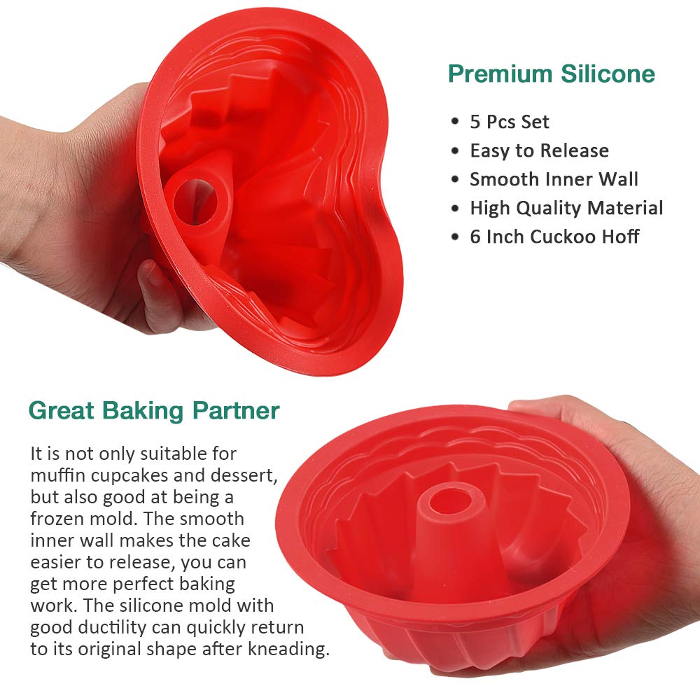 Wisehold Silicone Fluted Cake Pan (5pc), 6 inch Diameter, Nonstick Round Cake Mold, Reusable Silicone Baking Mold Suitable for Making Jello, Cake, Gelatin and Mousse bread
