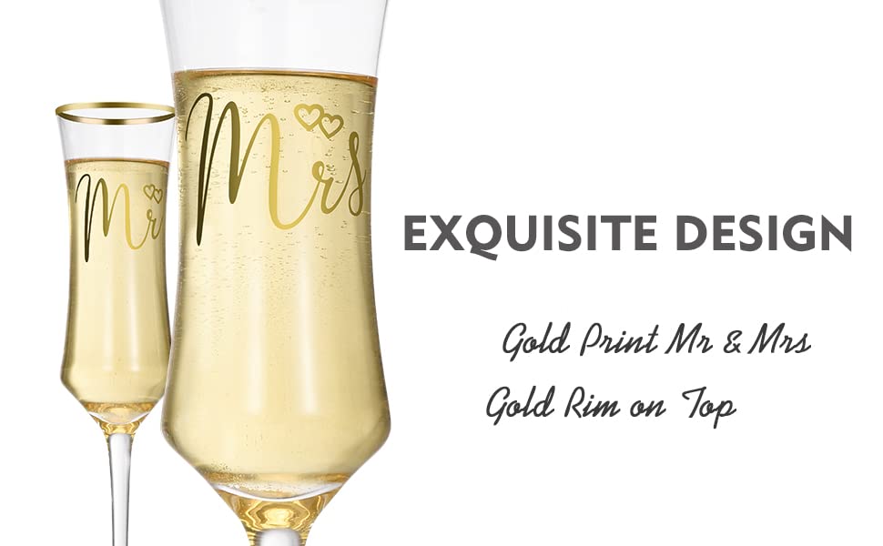 ROXBURGH Champagne Flutes Glasses Set of 2, Hand Blown Crystal Wedding Toasting Flutes for Bride and Groom, Long Stem Mr and Mrs Champagne Glasses for Wedding Engagement Anniversary Christmas Gifts