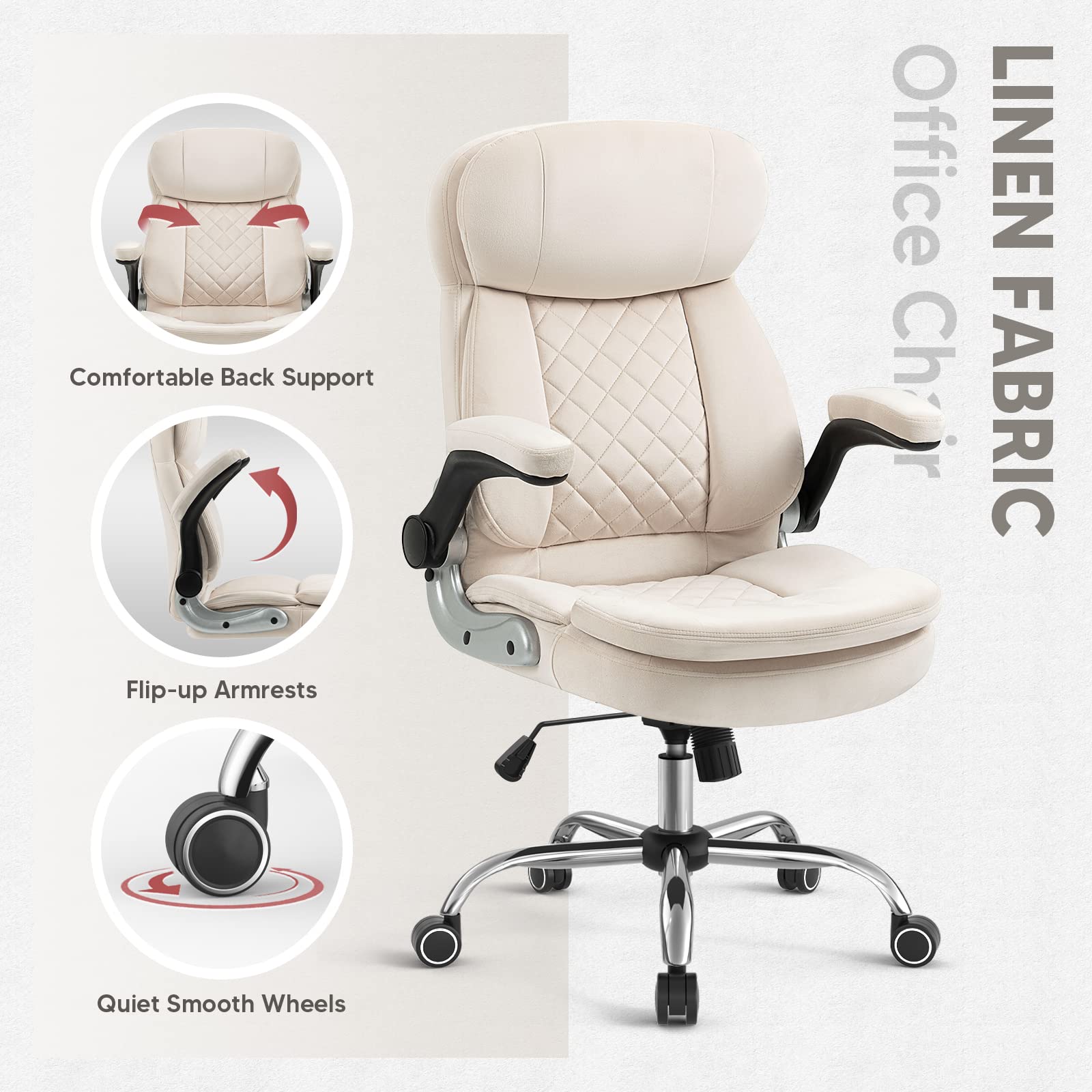 Seatingplus Ergonomic Executive Office Chair with Lumbar Support High Back Computer Desk Chairs with Wheels and Flip-up Arms, Linen Fabric, Black