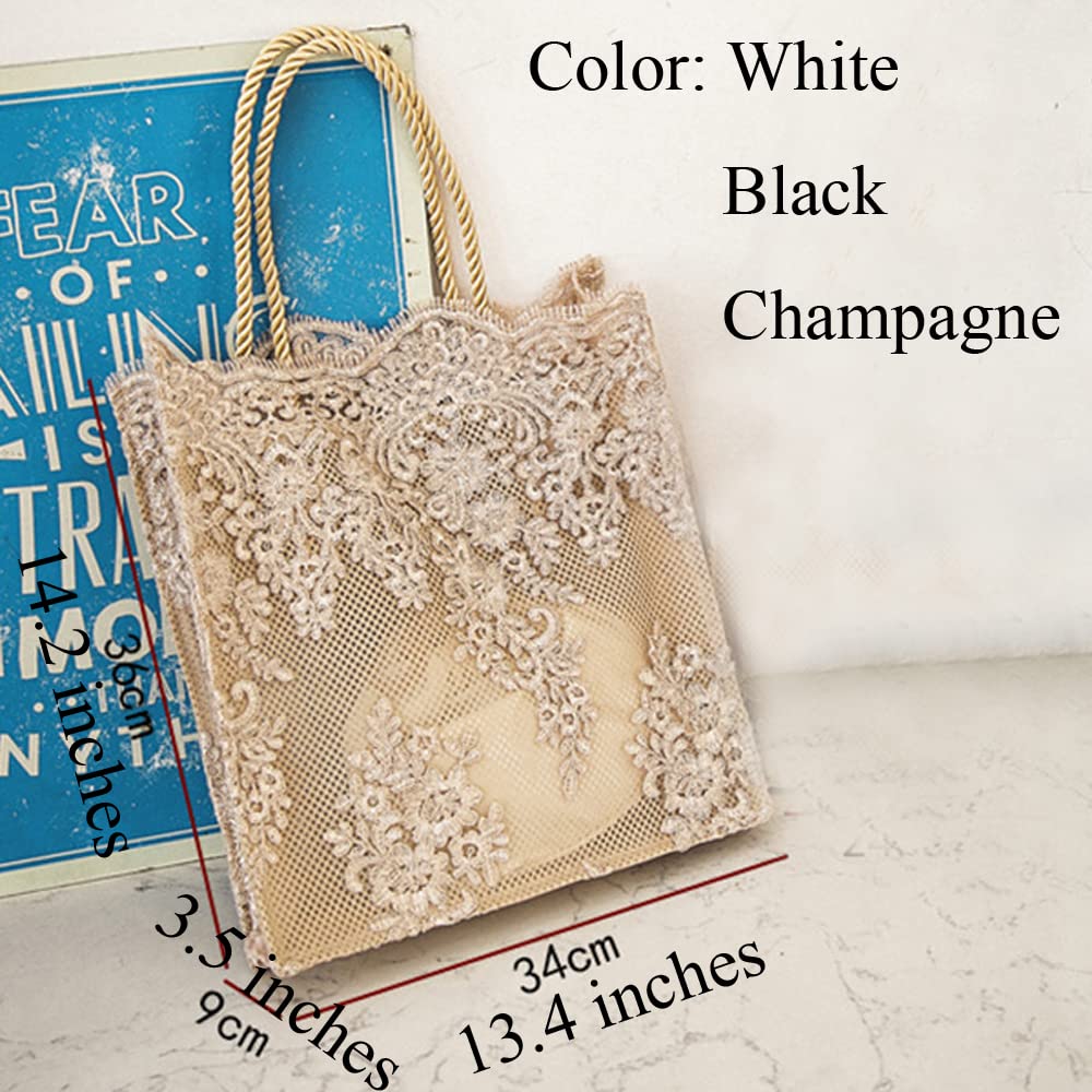 Sweet fairy lace bag hand shoulder tote bag embroidered hollow shopping bag (White)