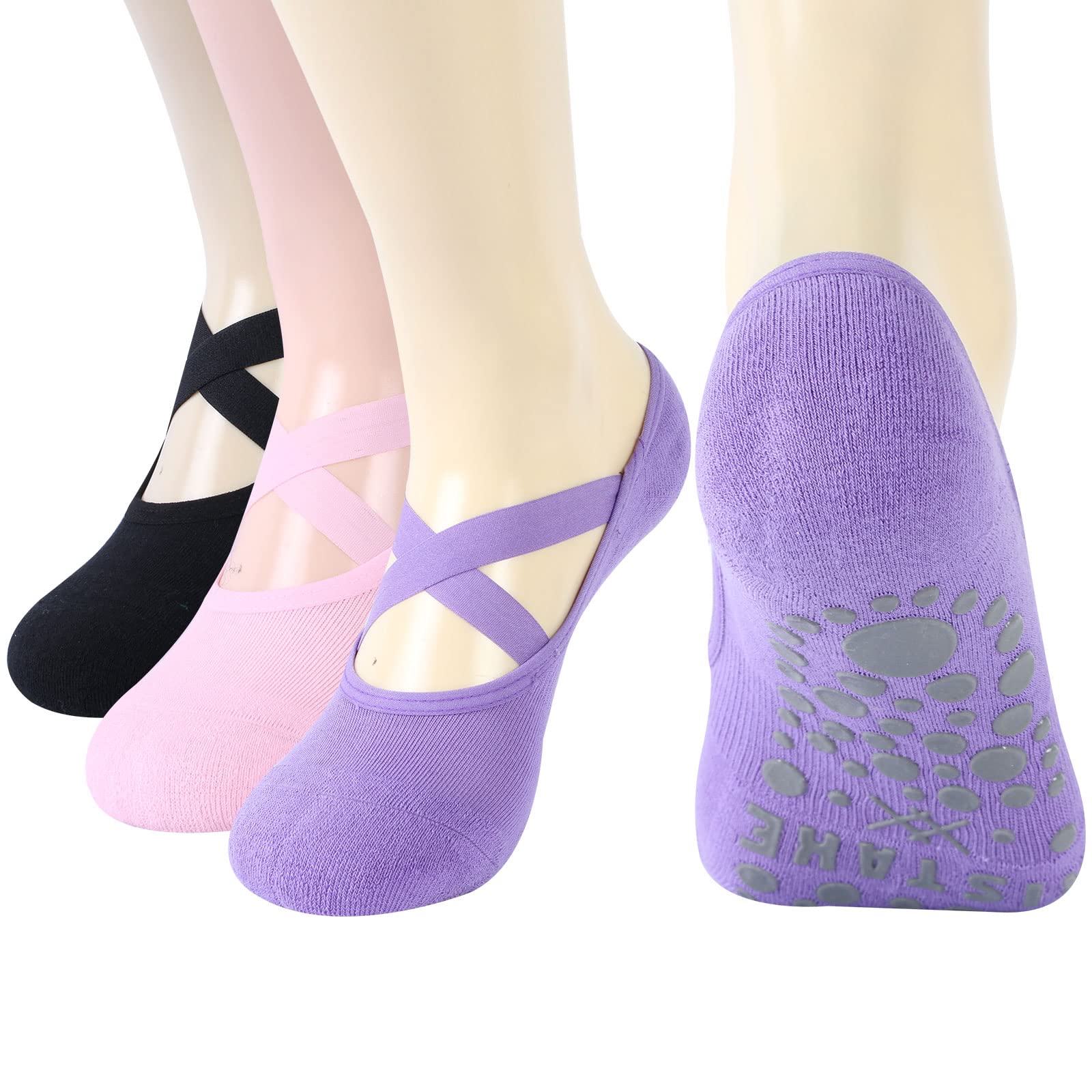 Ristake Yoga Socks, Womens Compression Cotton Sticky Hiking Running Socks for Pilates 3 Pairs Skid Proof Barre Pilates Socks with Grips