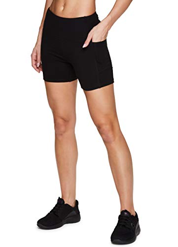 RBX Active Women's High Waist Cotton Spandex 5" Inseam Running Bike Short with Pockets Black 5-inch L