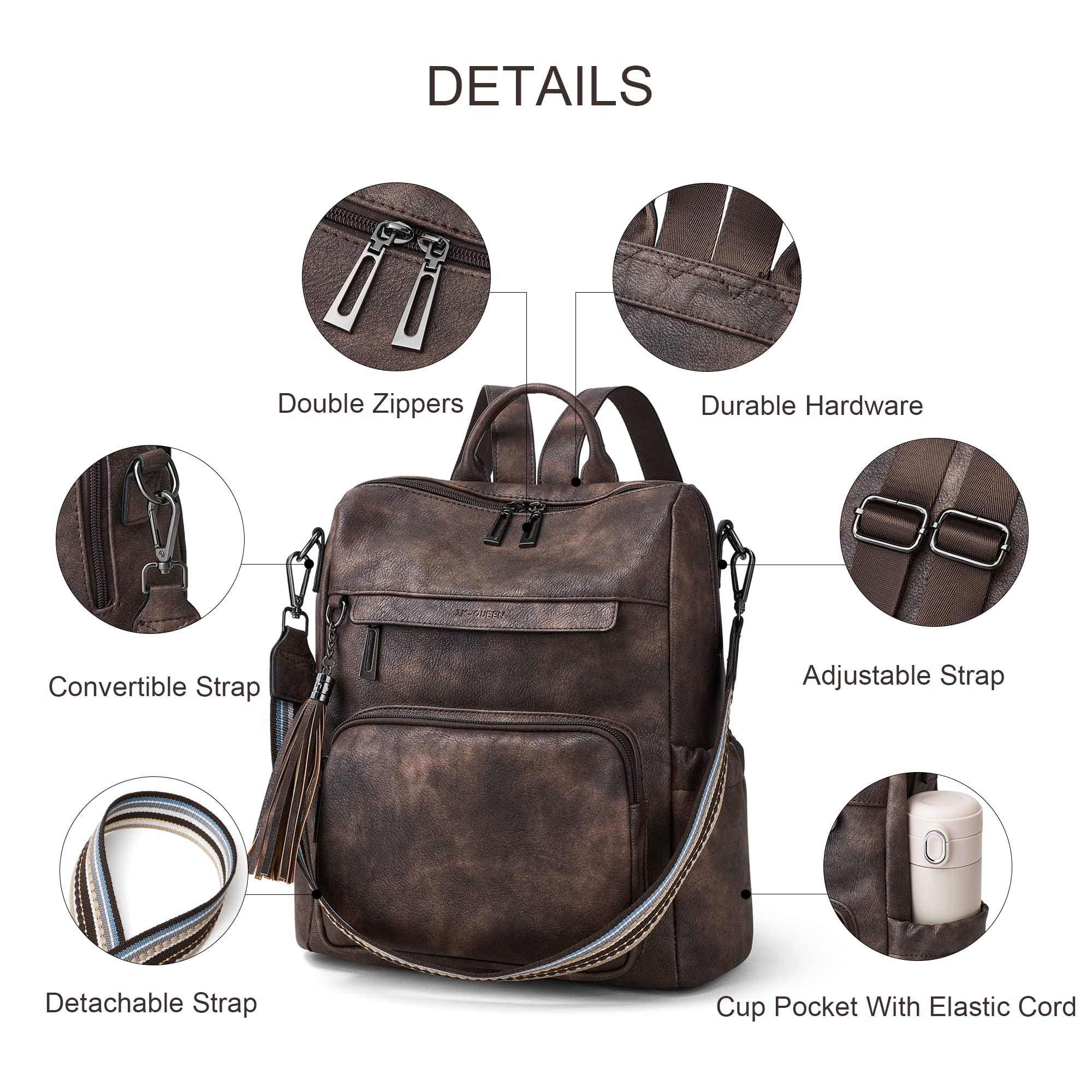 ZK-Queen Backpack Purse for Women Fashion Leather Designer Backpack Purses With Wristlets Travel Shoulder Bags