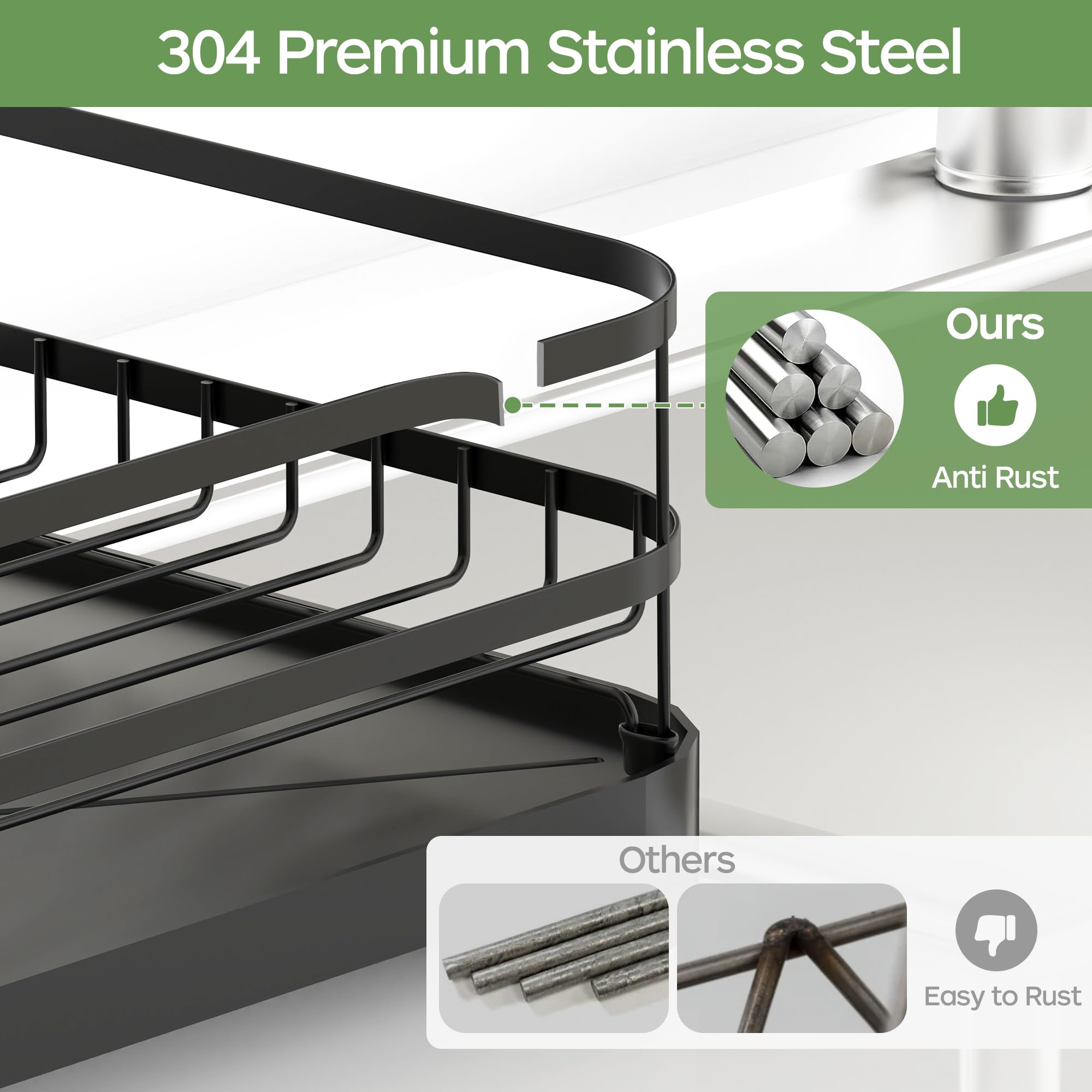 ROTTOGOON Dish Drying Rack, Stainless Steel Rustproof Dish Rack for Kitchen Counter, Sturdy Dish Drainer with Drainboard, Drainage, Utensil Holder for Various Kitchenware, 16.9"(L) x 12.2"(W), Black