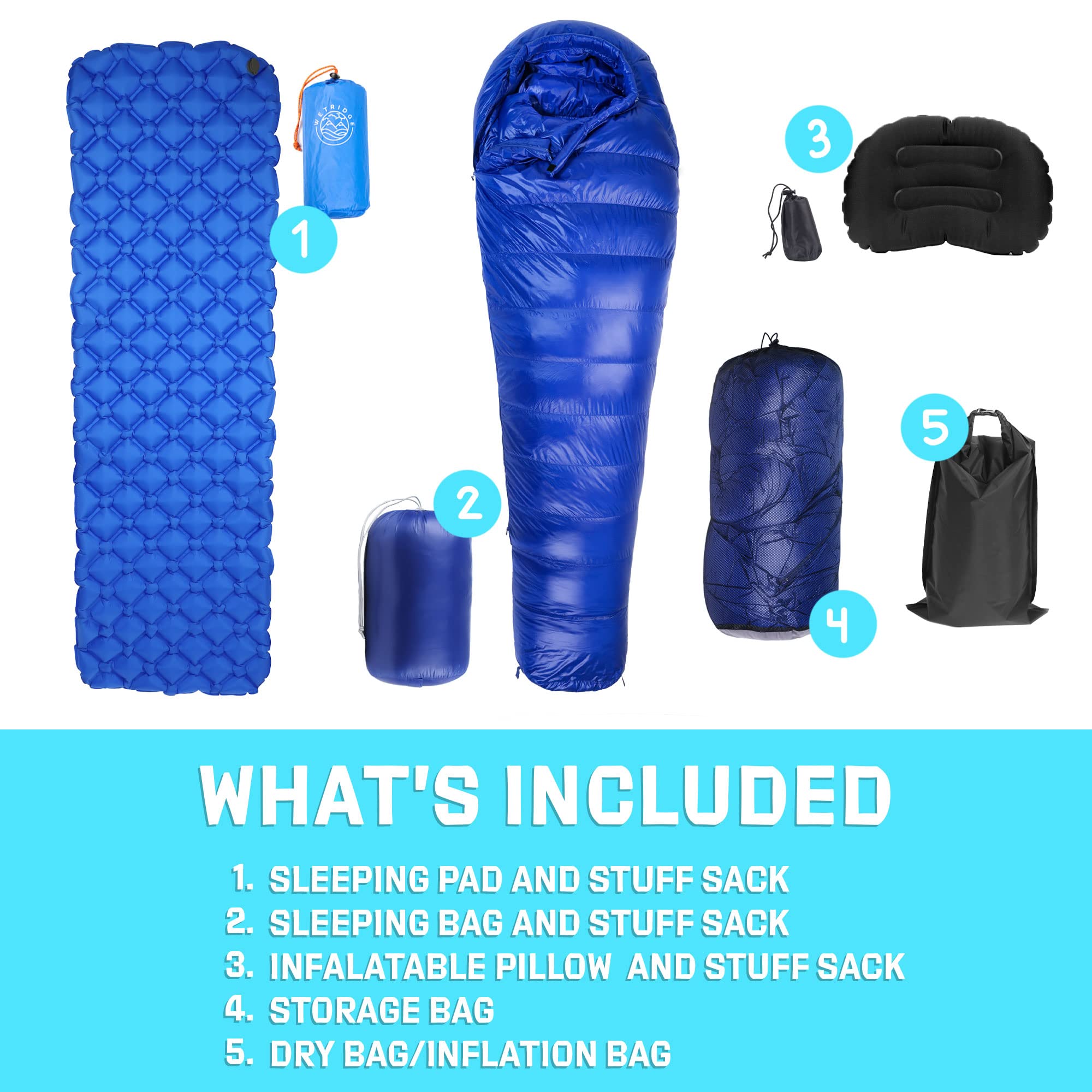 WETRIDGE Sleeping Bag with Pillow Kit, 0 Degree F RDS Down Sleeping Bag - Sleeping Bag Pillow - Adult Sleeping Bags - Sleeping Bags Adults - Mummy Camping Sleeping Bag Green