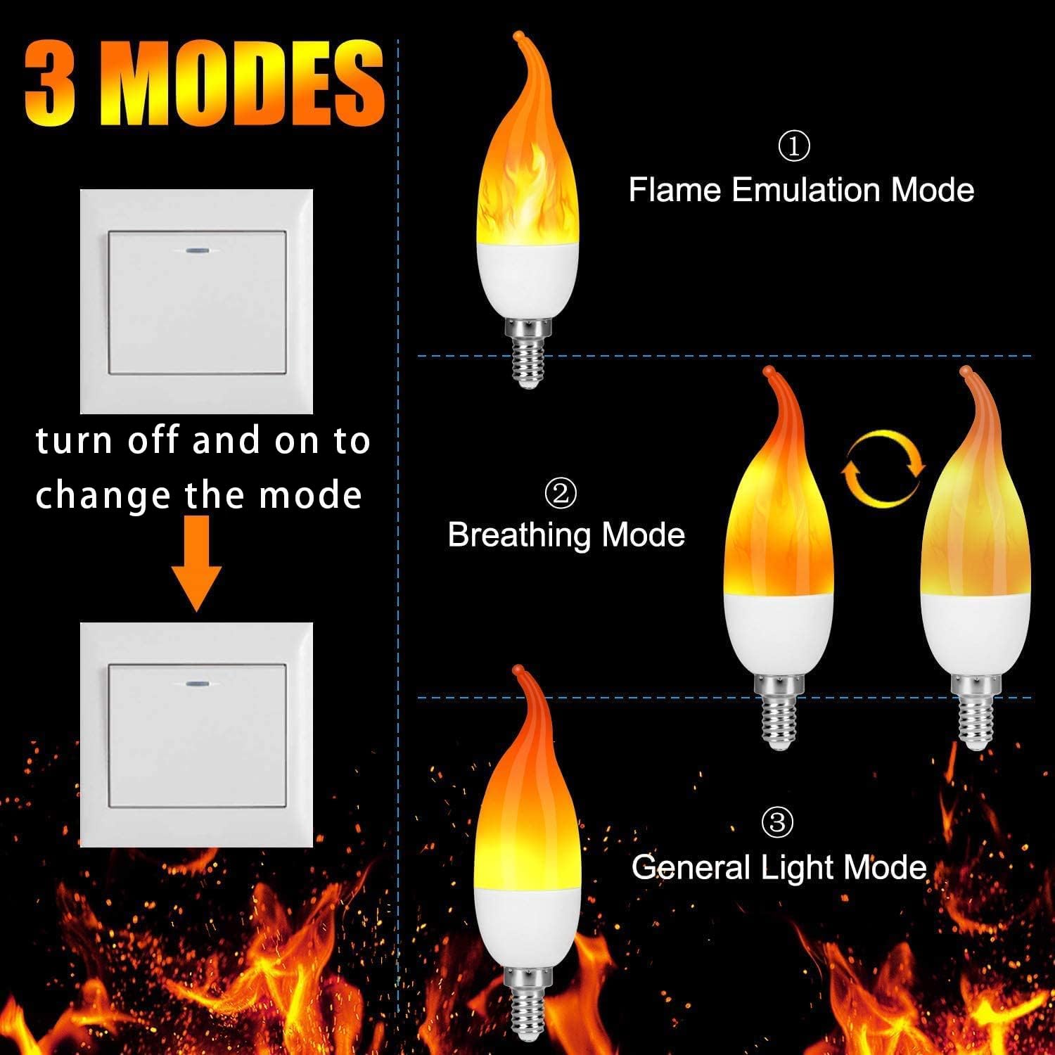 OHLGT E12 Flame Bulbs 2 Pack, 3 Mode LED Candelabra 2.0 Watt Warm White Chandelier 1800k Candle Light Bulbs, Flame Tip for Christmas Party Decorations