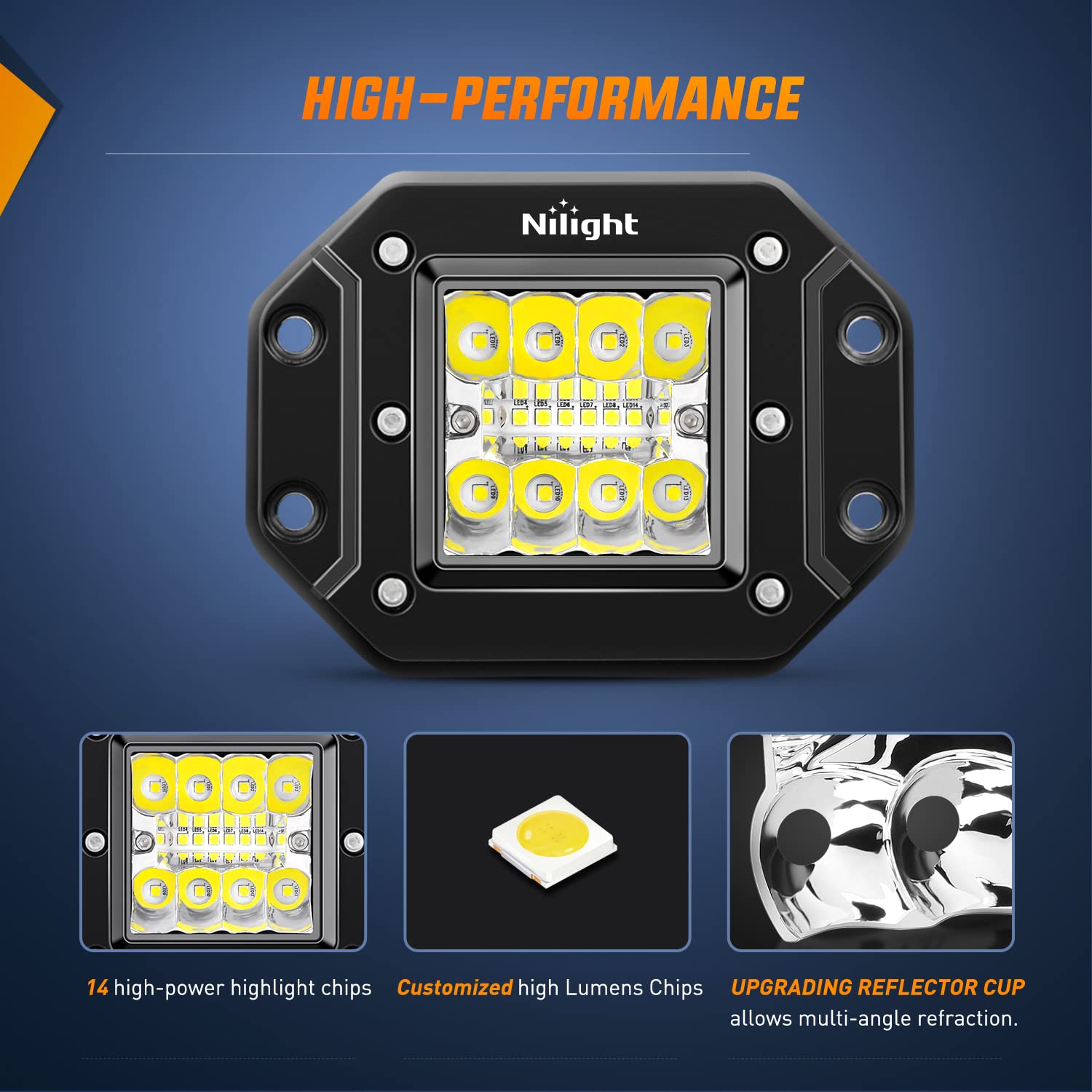Nilight 4PCS 42W Flush Mount LED Light Pods Upgraded Spot Flood Combo Beam Driving Light LED Work Light Backup Light Reverse Light Grill Mount Light for Offroad 4x4 Truck SUV, 2 Years Warranty