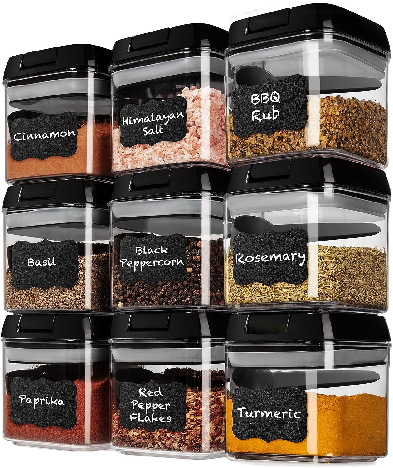 Shazo 9 Pc Airtight Food Storage Containers Set with Lids Plastic Kitchen Cabinet & Pantry Organization Canister Set for Spices, Herbs, Coffee & Tea - BPA Free - 9 Spoons