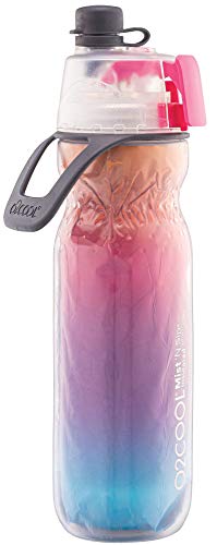 O2COOL Arctic Squeeze Insulated Mist 'N Sip Water Bottle | 2 Pack- 20 oz | BPA Free, 2-in-1 Mist and Sip Function w/No Leak Pull Top Spout (Ras Ombre/Tropical)