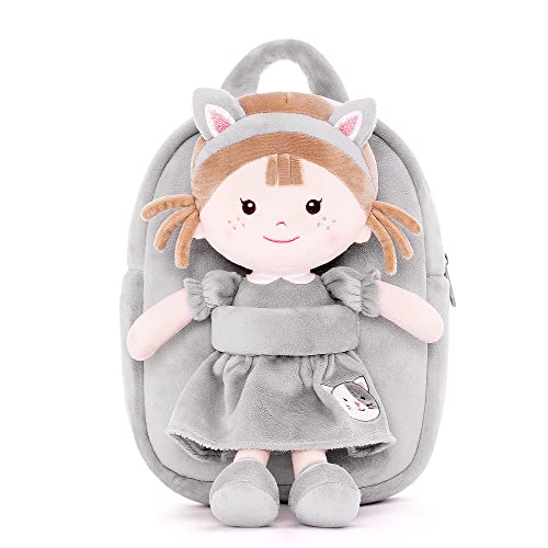 Onetoo Toddler Backpack Kids Backpacks with Soft Plush Baby Dolls Gray Cat 9.5"