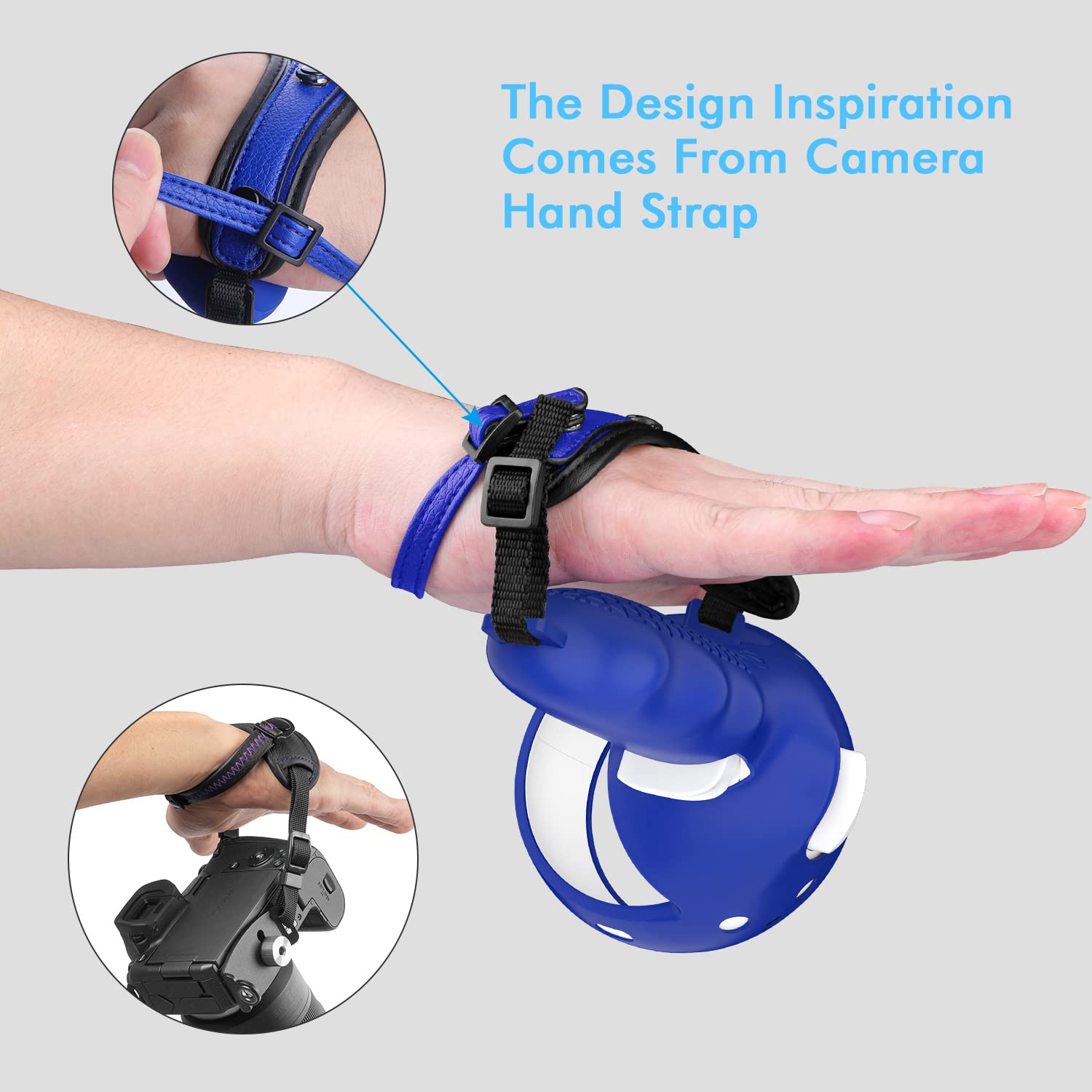 Touch Controller Grip Leather Cover for Oculus Quest 2, EWalos Double Protection Anti-Throw Silicone Handle Cover with PU Leather Knuckle Strap, DSLR Hand Strap Style Design(Blue, 1 Pair)