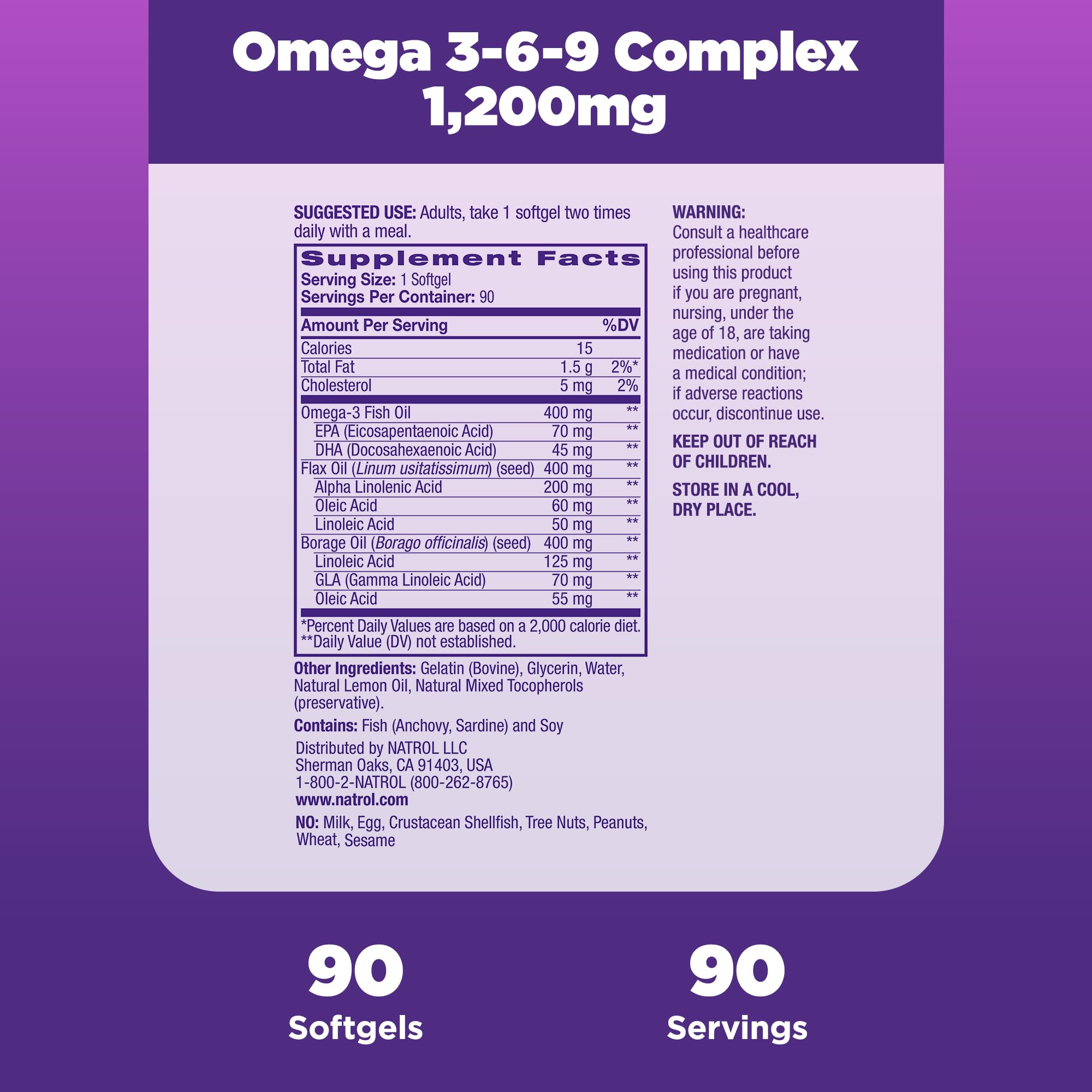 Natrol, Omega 3-6-9 Complex Softgels, Heart Health Dietary Supplement, 1200 mg, 90 Count