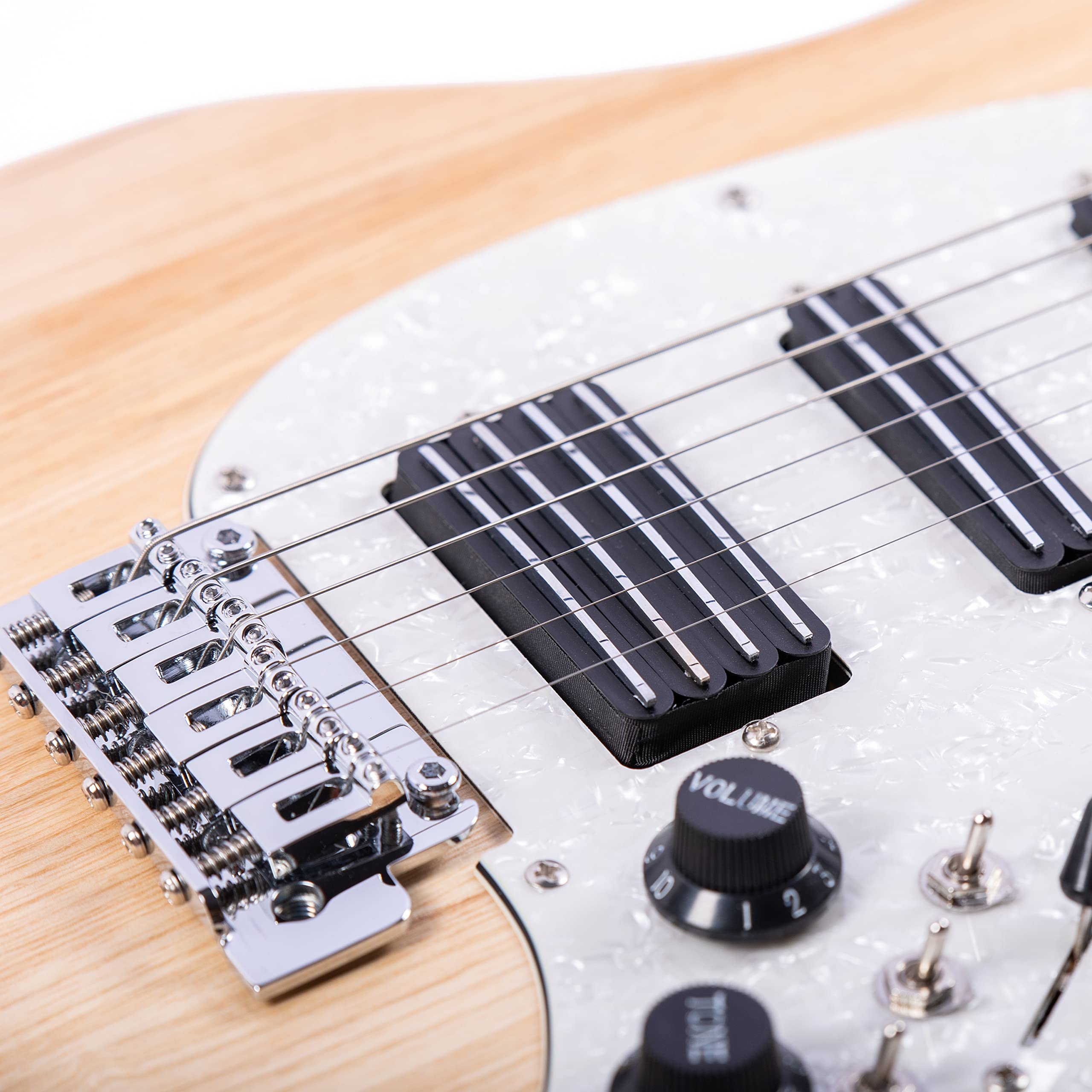 Volgoa VVS 6-String Solid Body Electric Guitar with Ash wood Body,Roasted Maple Neck and Stainless Steel Frets,Featuring Tremolo System, with Plastic Pearl Pickguard and String Tree (Natural)