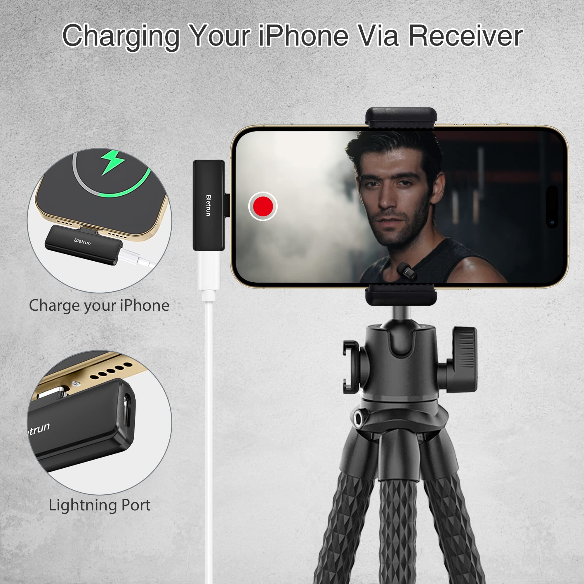 Wireless Lavalier Lapel Microphone for iPhone, Bluetooth Microphone for iPhone with Charging Case, Plug-Play, 65 FT Range, Wireless Lapel Microphone for Video Recording