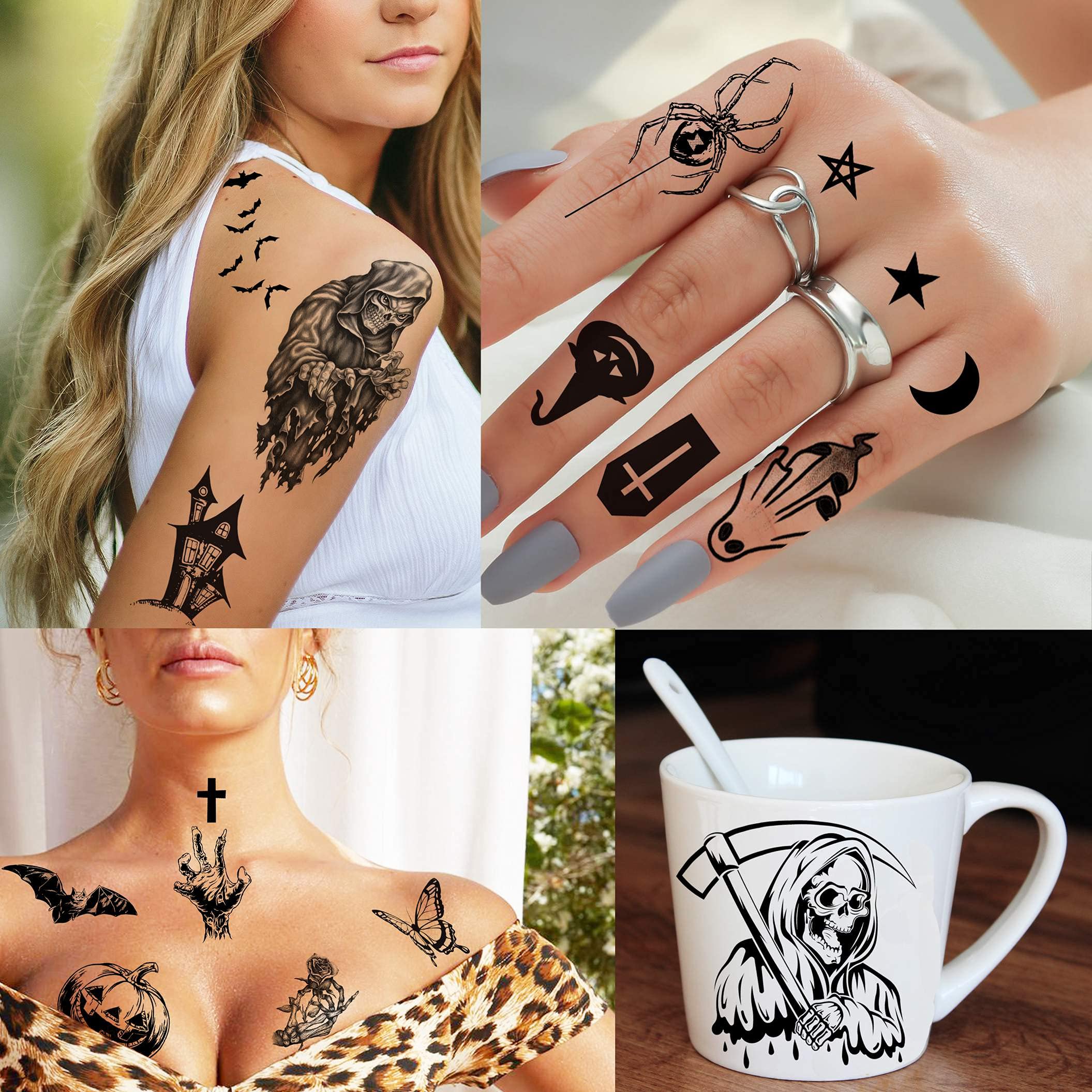 Shegazzi 52 Sheets Halloween Temporary Tattoos For Kids Boys Girls Women Men, 3D Scary Skull Skeleton Fake Tattoos Sticker For Adults, Small Ghost Vampire Bat Pumpkin Spider Temp Transfer Tatoos Devil