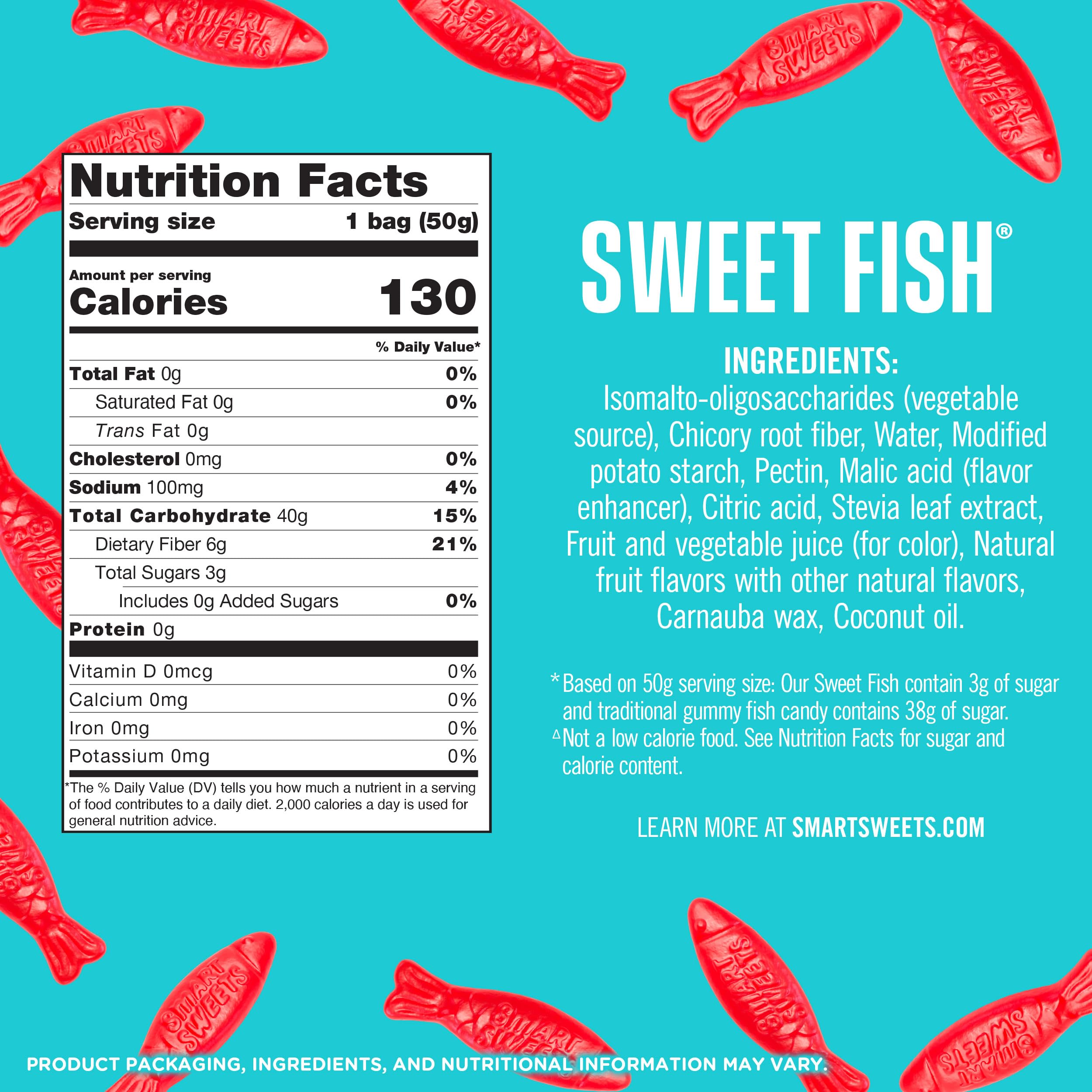 SmartSweets Sweet Fish, Low Sugar Gummy Candy (3g), Low Calorie (130), Gluten-Free -1.8oz (Pack of 12) Packaging may vary