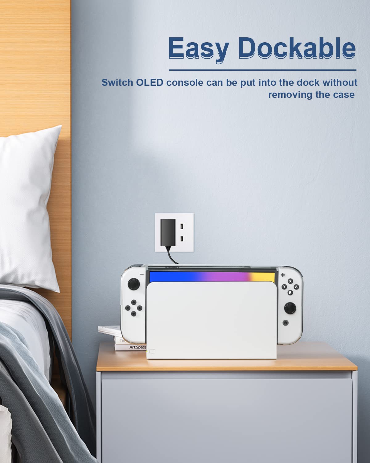 Switch OLED Dockable Case, Switch OLED Protective Case Cover with Tempered Glass Screen Protector & Thumb Stick Caps, Compatible with Switch OLED Console and Joy-Con Controller ( Clear)
