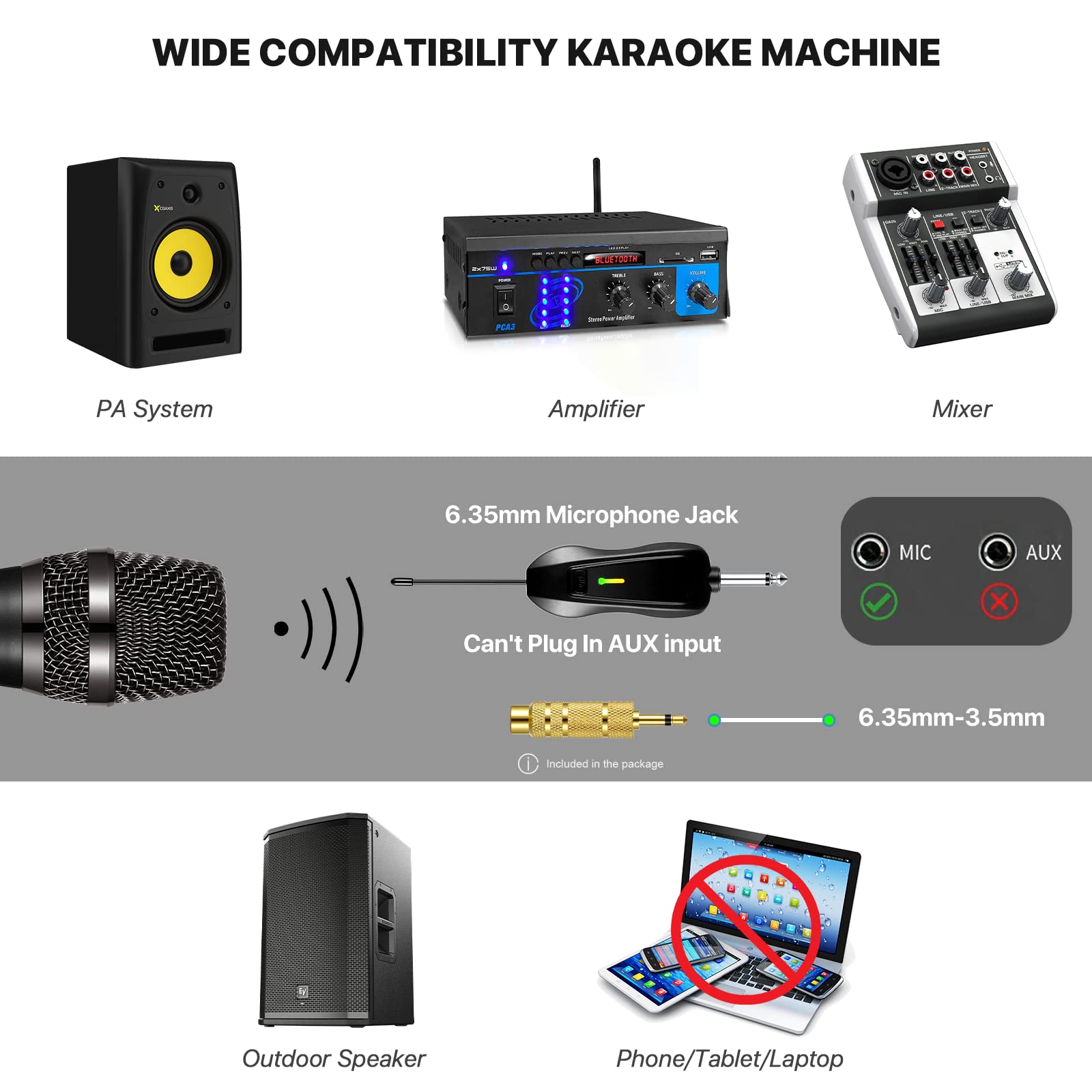 Wireless Microphone, Karaoke Cordless Microphone, UHF Handheld Dynamic Mic System with Rechargeable Receiver (165ft Range) for Singing, Wedding, Party, Speech, Church, Meeting, PA System