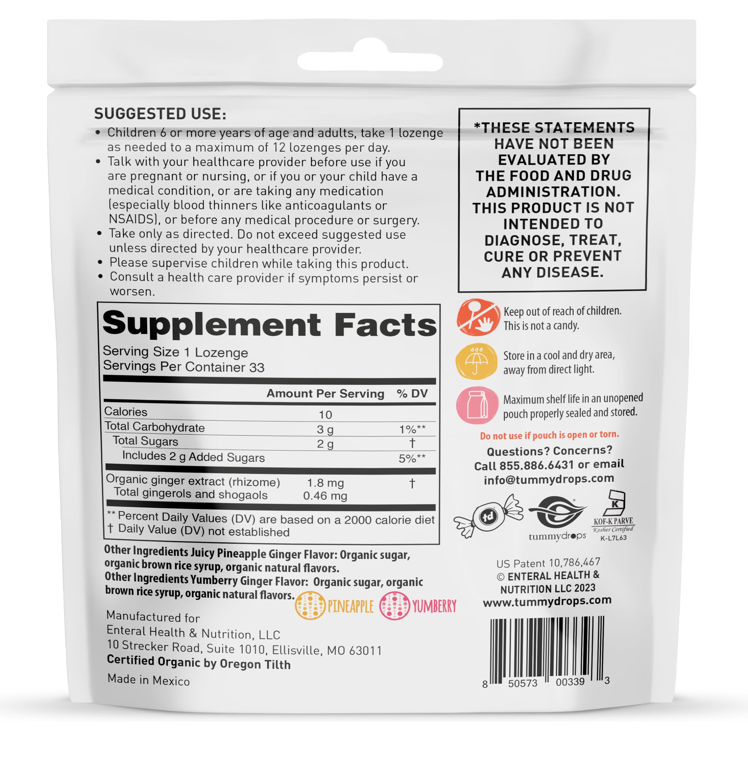 USDA Organic Tropical Ginger Variety Pack Tummydrops (mix of pineapple & yumberry, 33 individually wrapped drops)