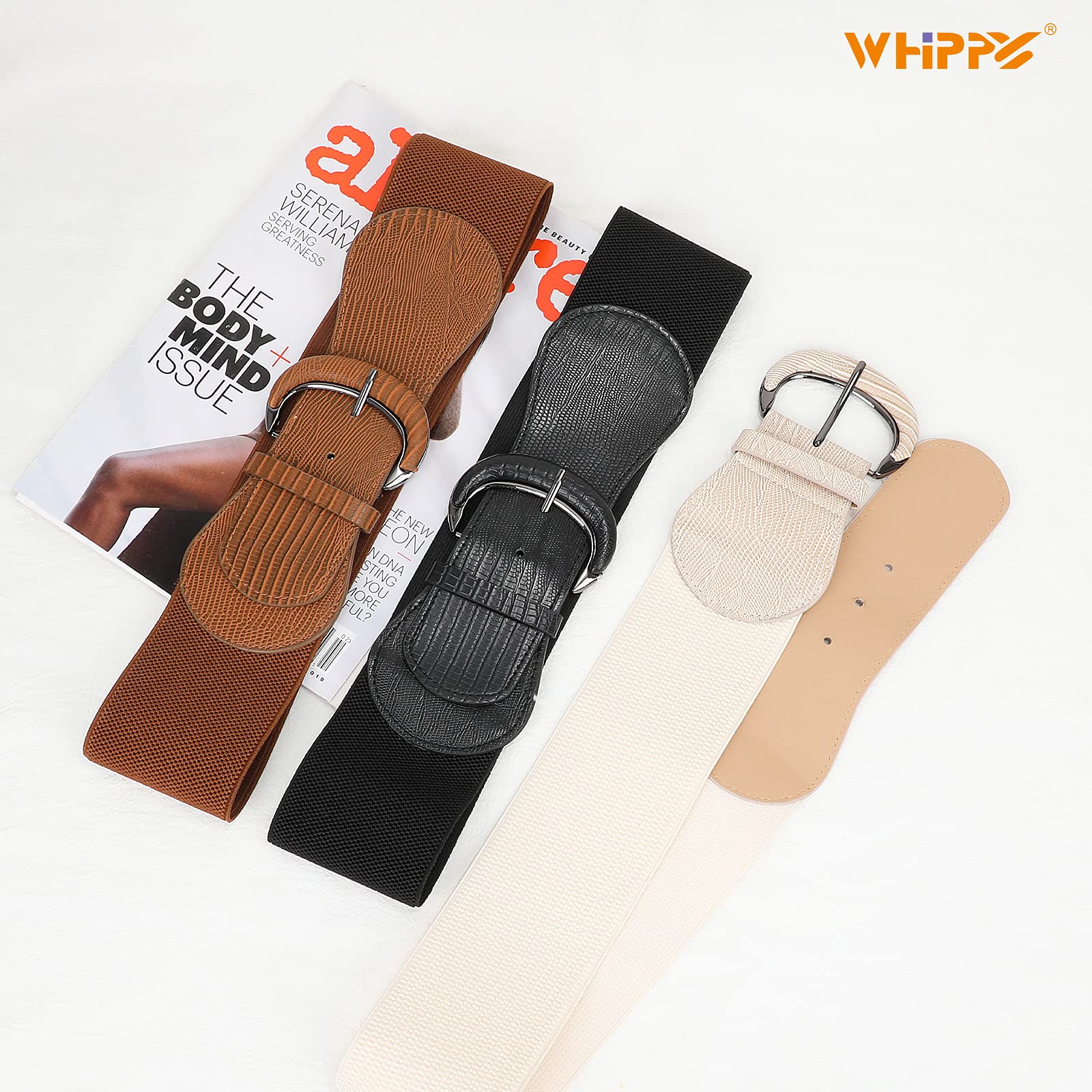 WHIPPY 3 Pack Women Wide Elastic Waist Belt Vintage Stretchy Belt Waistband for Ladies Dresses, Black/Brown/Beige, M